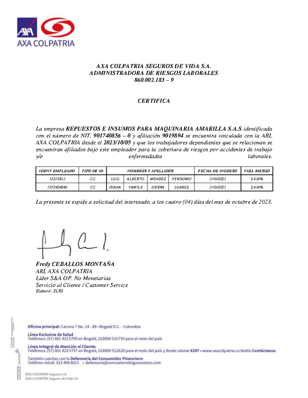 Certificado AFL 9019894 - AXA COLPATRIA SEGUROS DE VIDA S ...