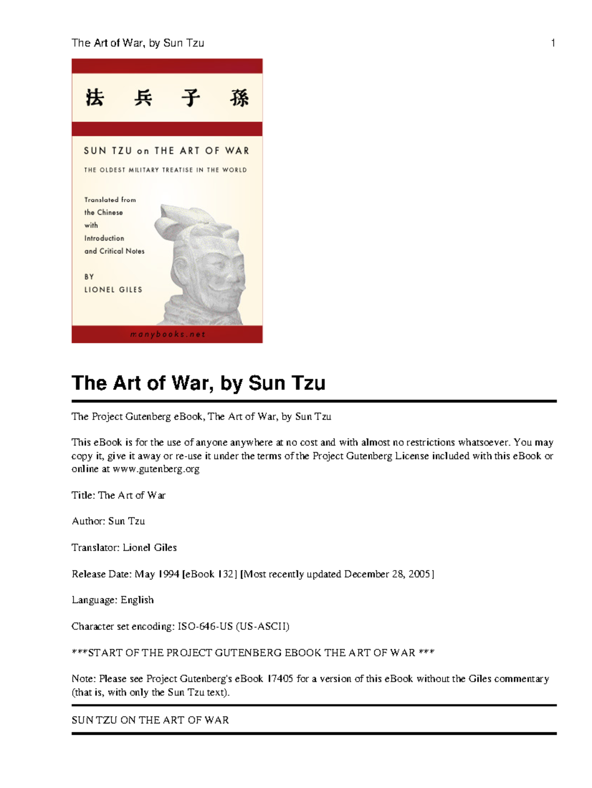 The art of war- Book - The Art of War, by Sun Tzu The Project Gutenberg ...