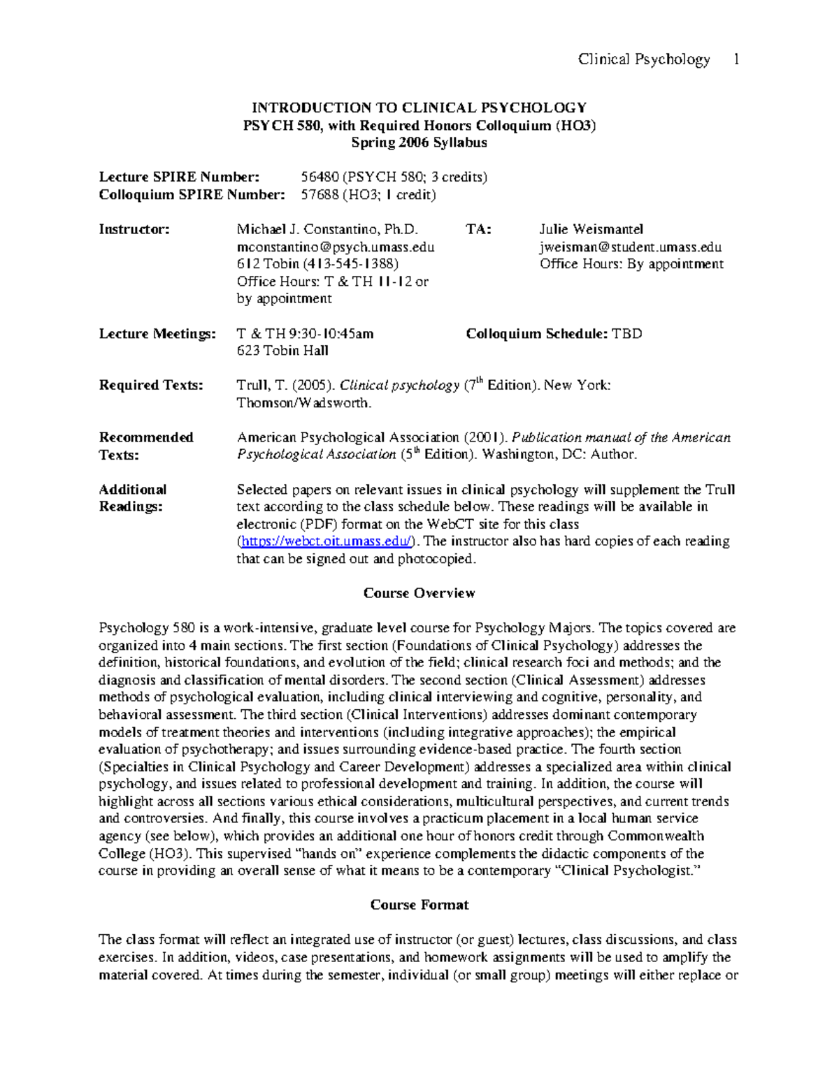 Clinical Psych Syllabus Spring '06 - INTRODUCTION TO CLINICAL ...