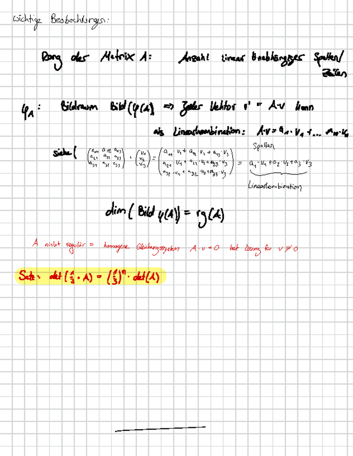 Mitschrift Lin Alg - wichtige Beobachtungen : Rang der Matrix A ...