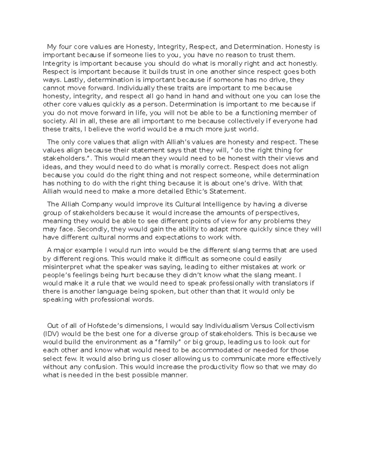 CHM1 Task 2 - Pass - My four core values are Honesty, Integrity ...