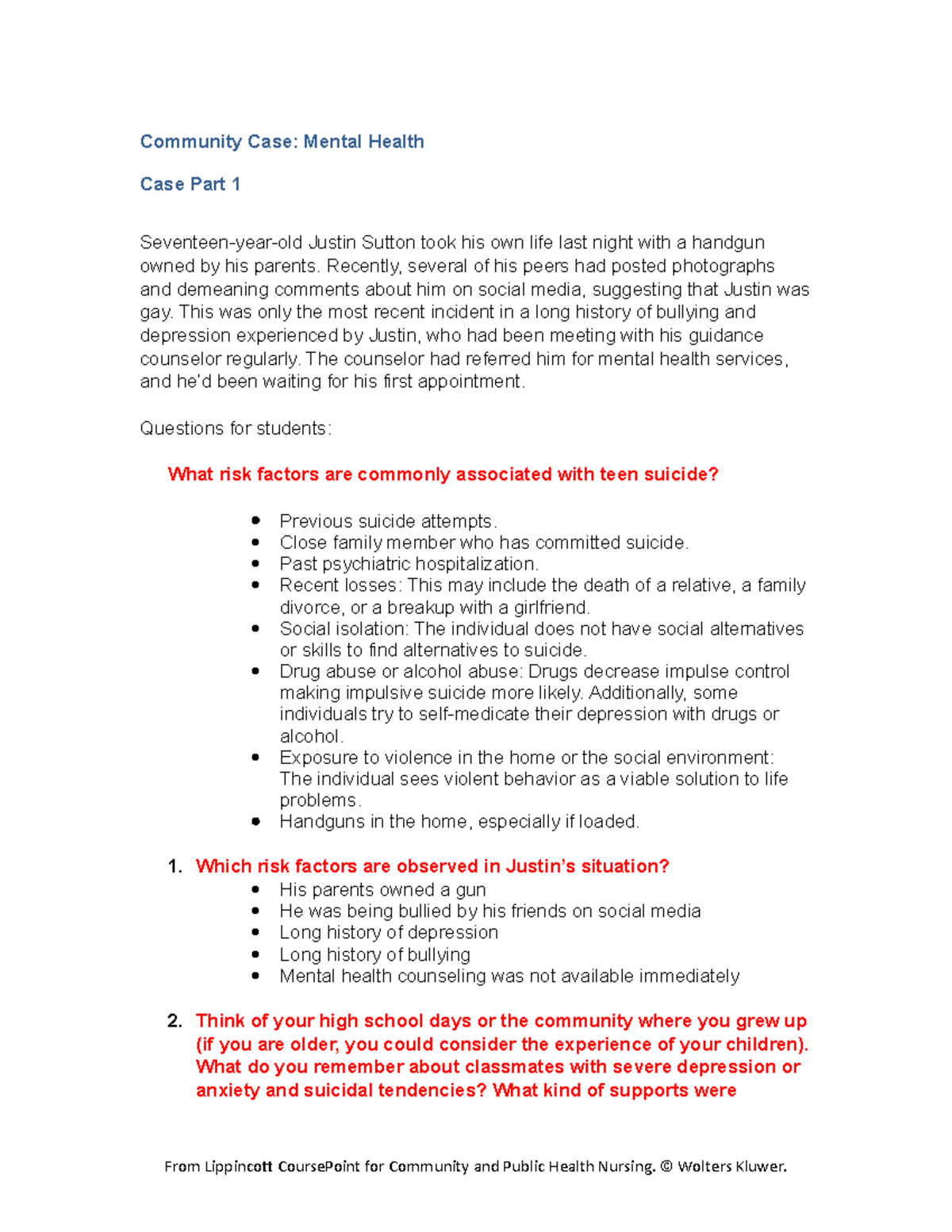 Community Mental Health Case1 - Community Case: Mental Health Case Part 1 Seventeen-year-old ...