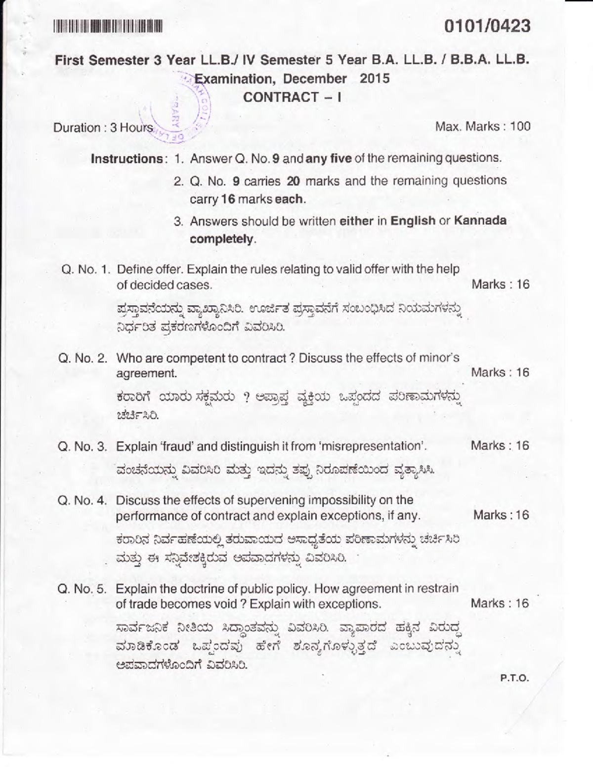 Contracts Dec - Past question paper for KSLU - ililil iltil illlt ilil ...