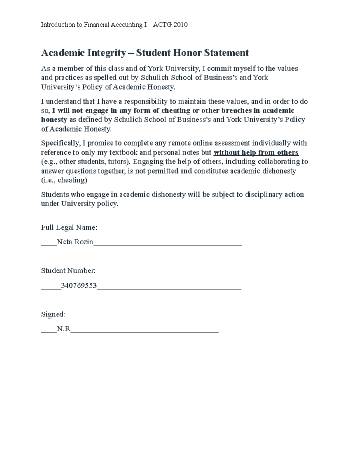 Student Honor Statement - I understand that I have a responsibility to ...