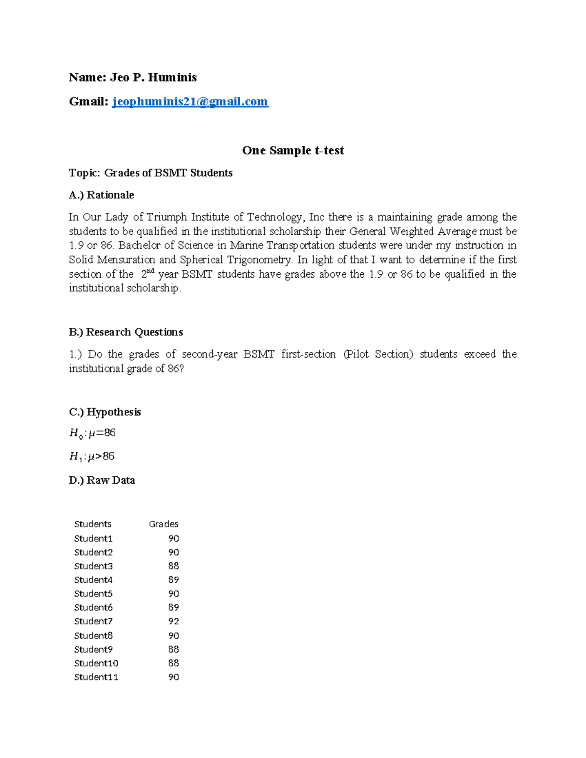 One Sample t-test - This is an example of data analysis paper where it ...