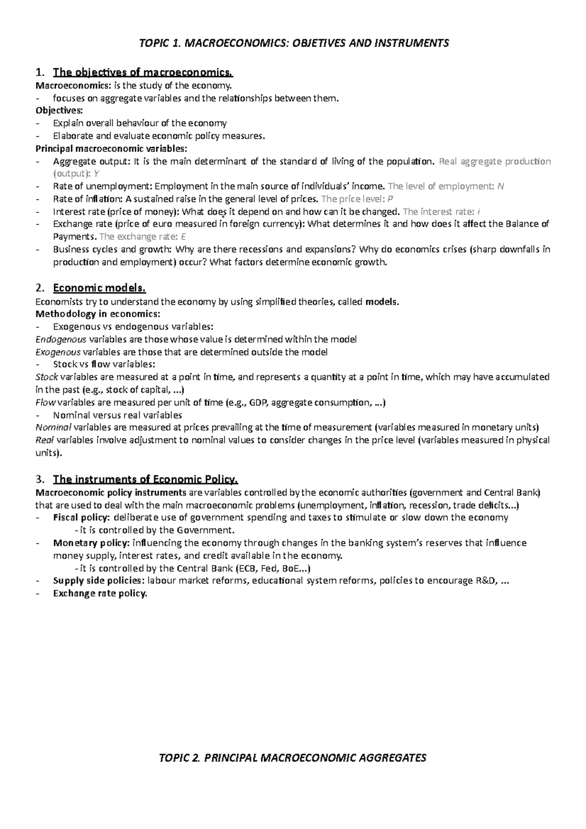 Theory - TOPIC 1. MACROECONOMICS: OBJETIVES AND INSTRUMENTS 1. The ...