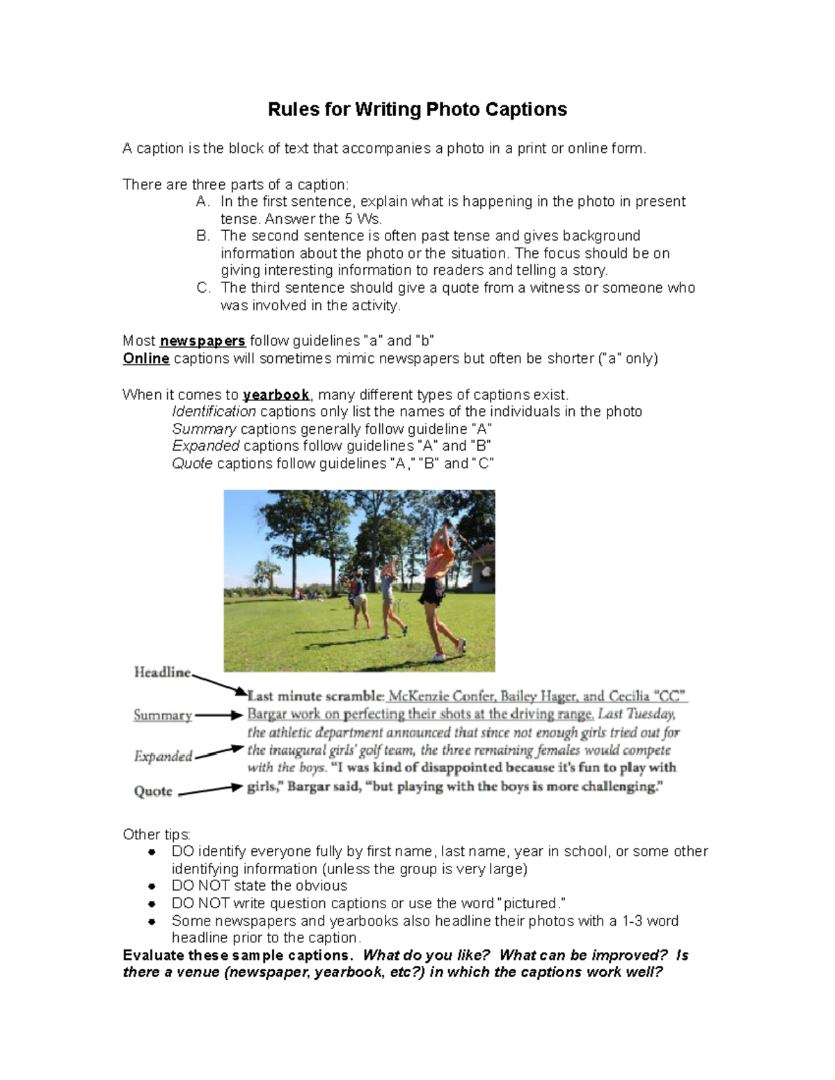 Caption writing rules handout - Rules for Writing Photo Captions A ...