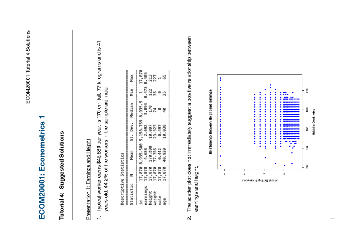 Tute4sol - Tutorial Solutions - ECOM20001 Tutorial 4 Solutions ECOM20001: Econometrics 1 ...