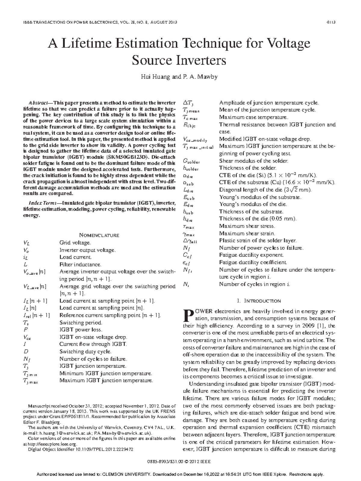 2013 A Lifetime Estimation Technique For Voltage Source Inverters Ieee Transactions On Power