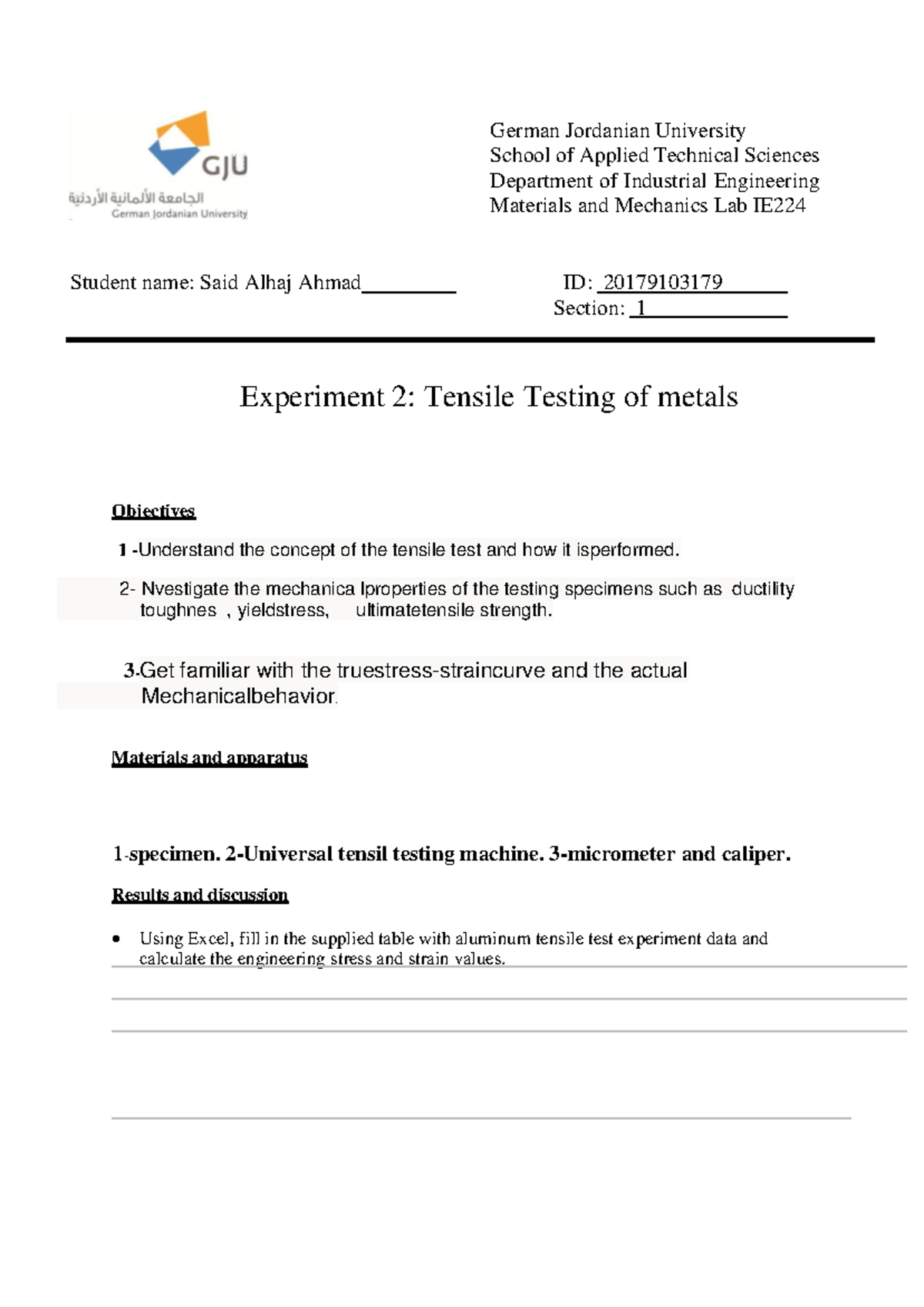 Exp 2 - Tensile Testing of metals report - German Jordanian University ...