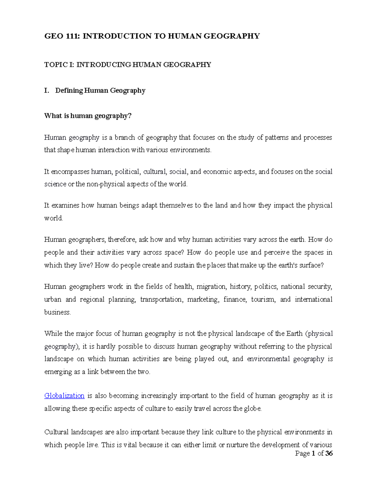 GEO 111 Introduction to Human Geography Notes - GEO 111: INTRODUCTION ...
