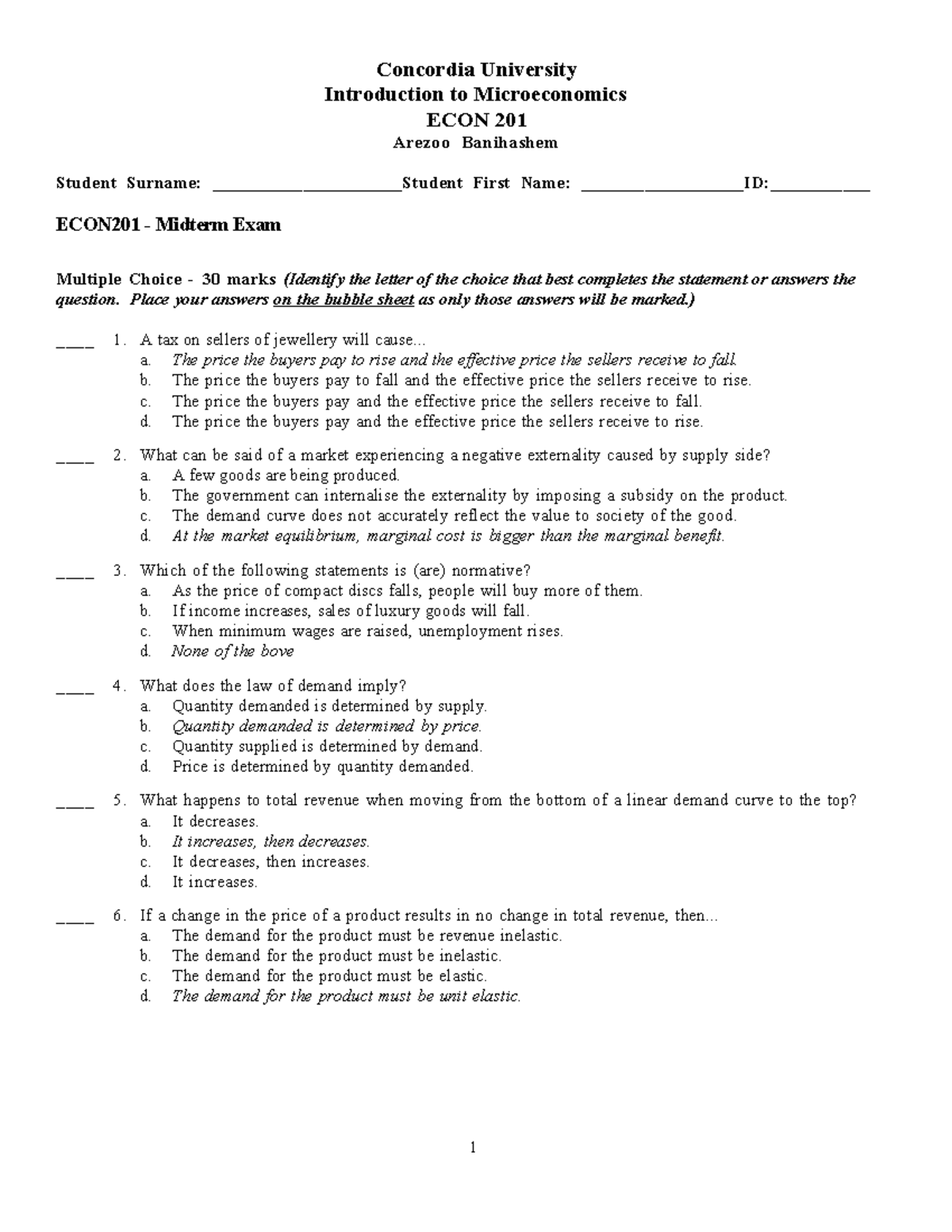 Sample midterm - Concordia University Introduction to Microeconomics ...