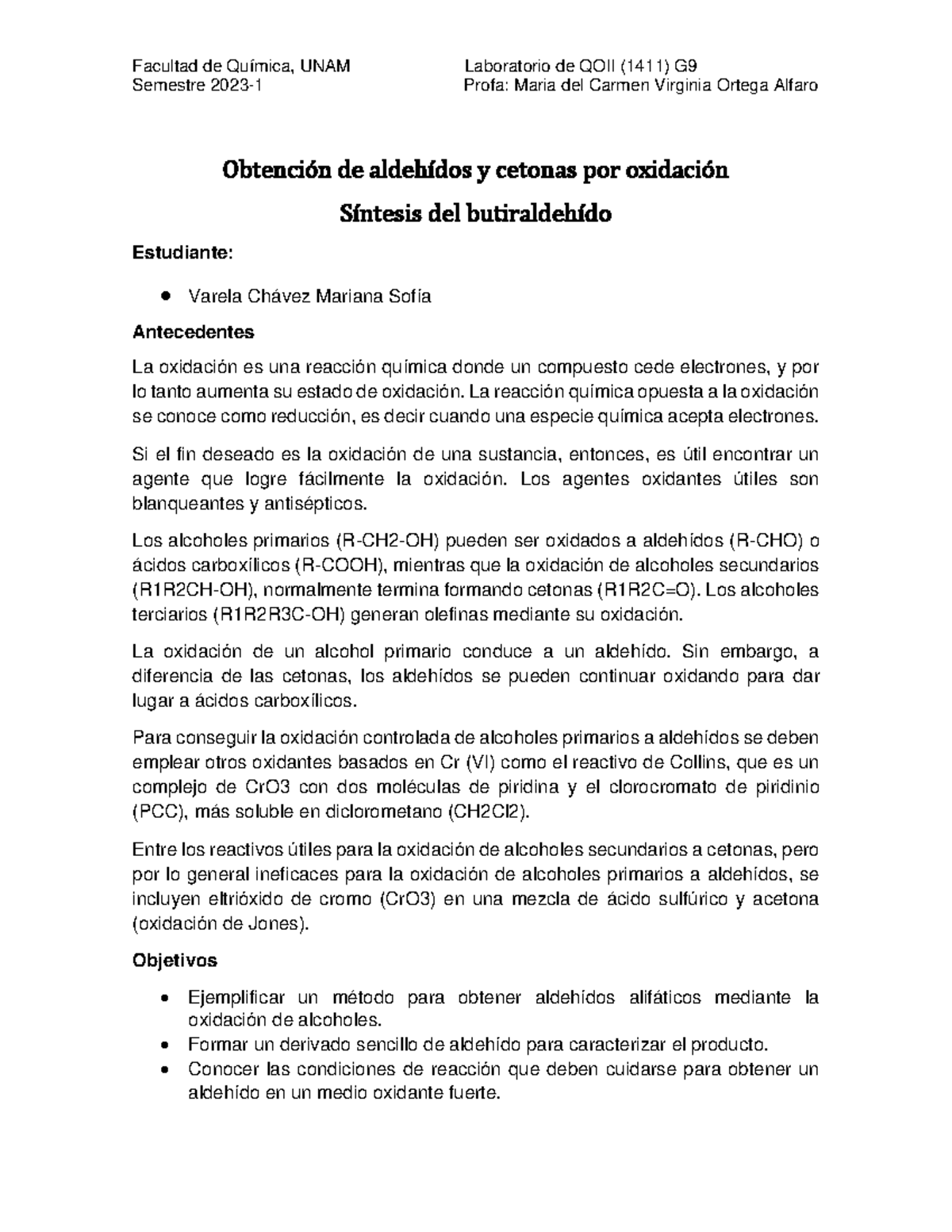 Informe 2. Sintesís del butiraldehído - Facultad de Química, UNAM ...