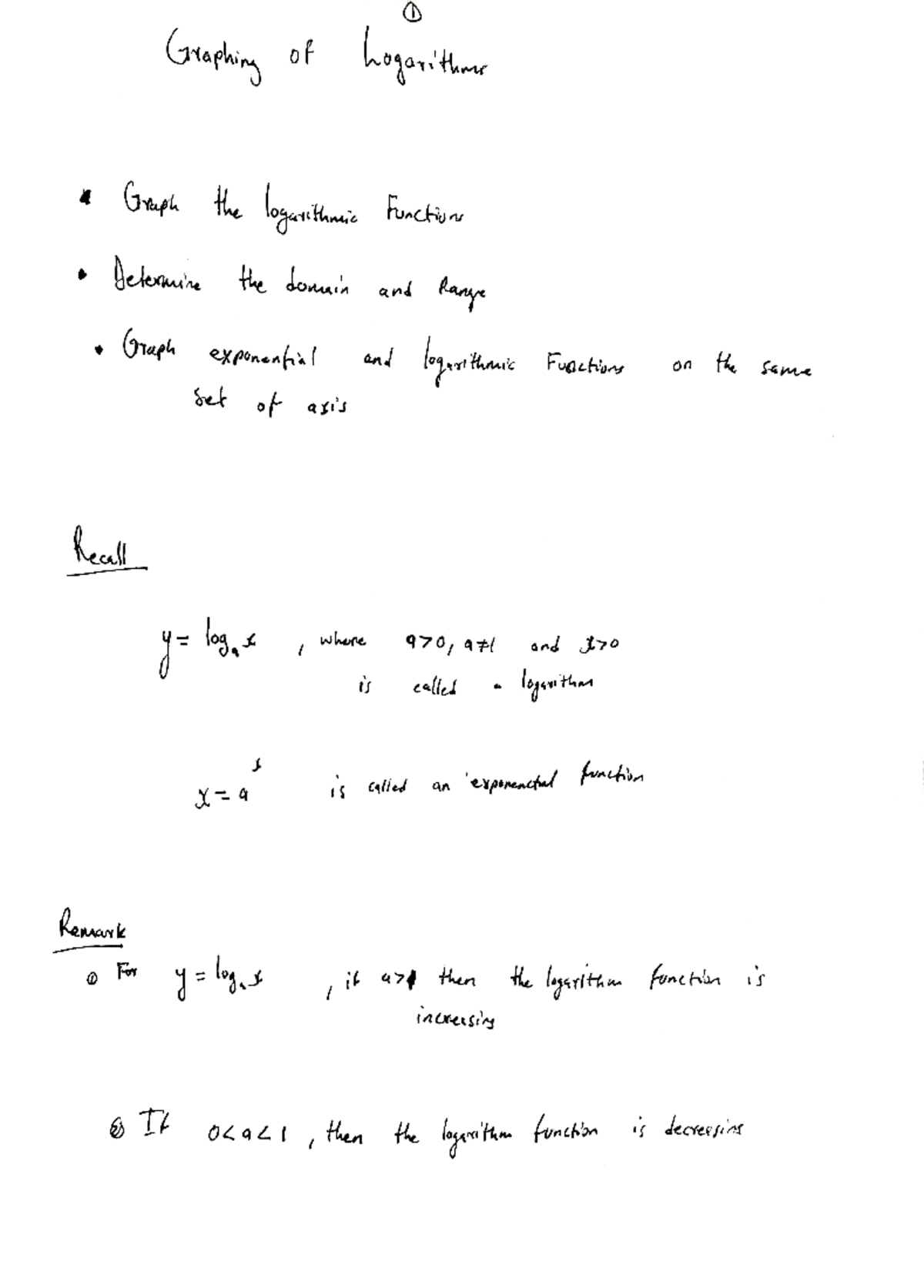 Logarithmic Functions Graphs 1 -1 - 1 Graphing of Loganithme Grouph the ...