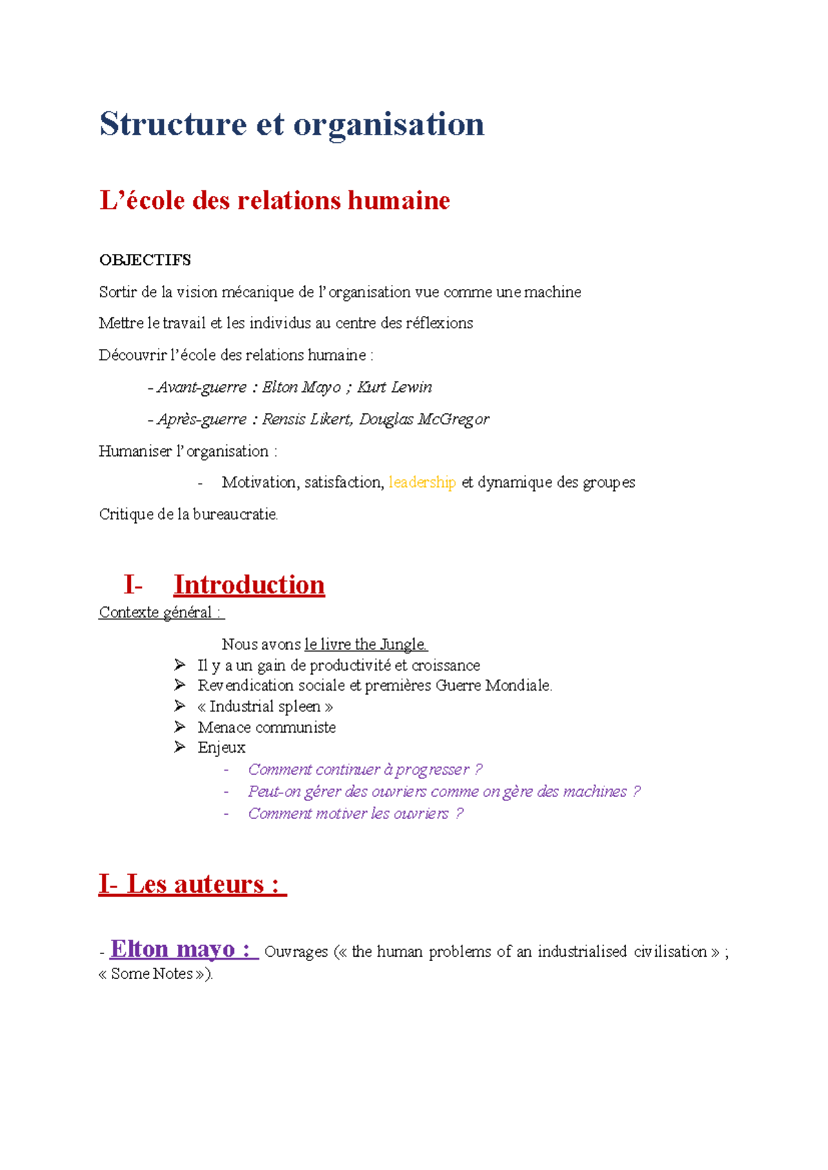 Chapitre 2 Ecole Relations Humaines - Structure et organisation L’école ...