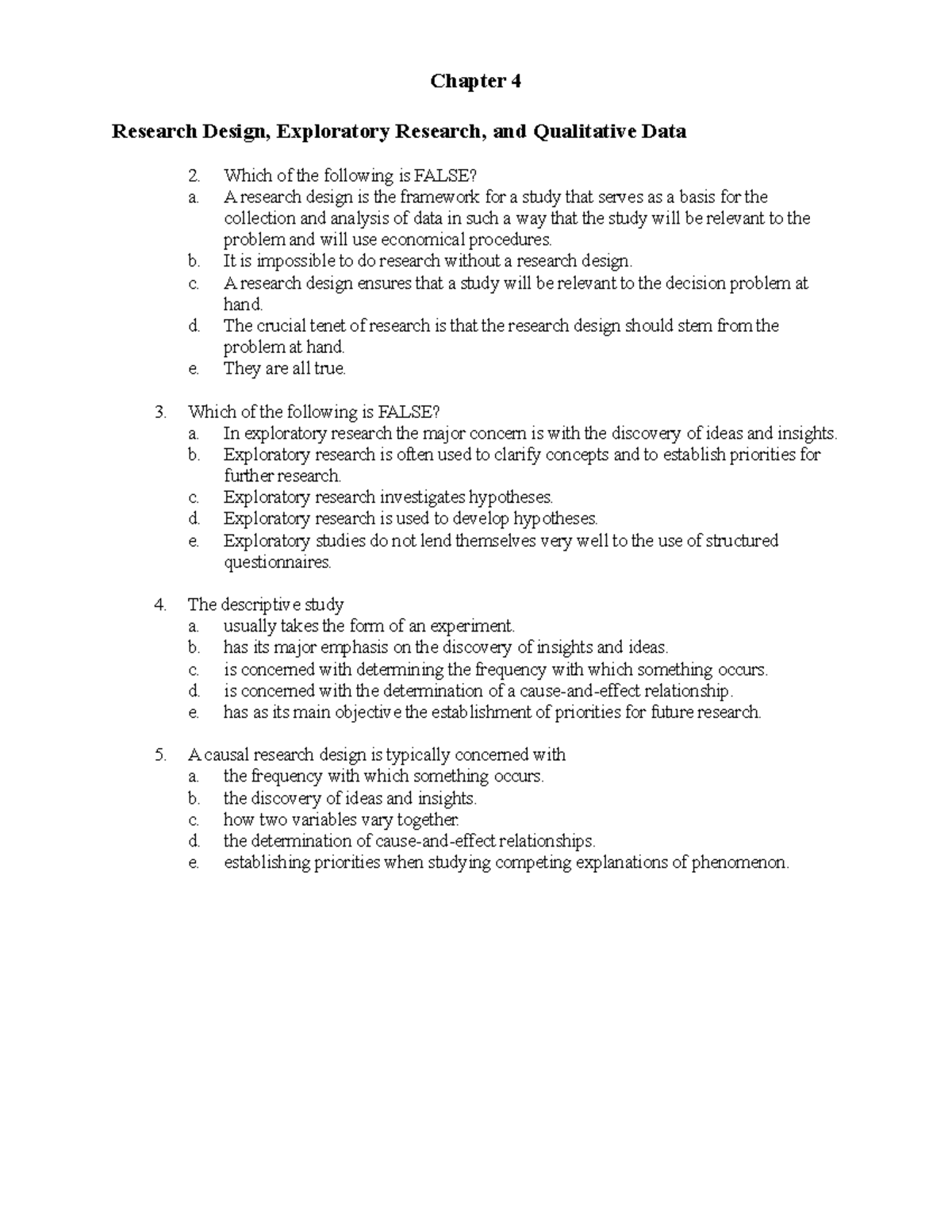 Chapter 4 Questions - Chapter 4 Research Design, Exploratory Research ...