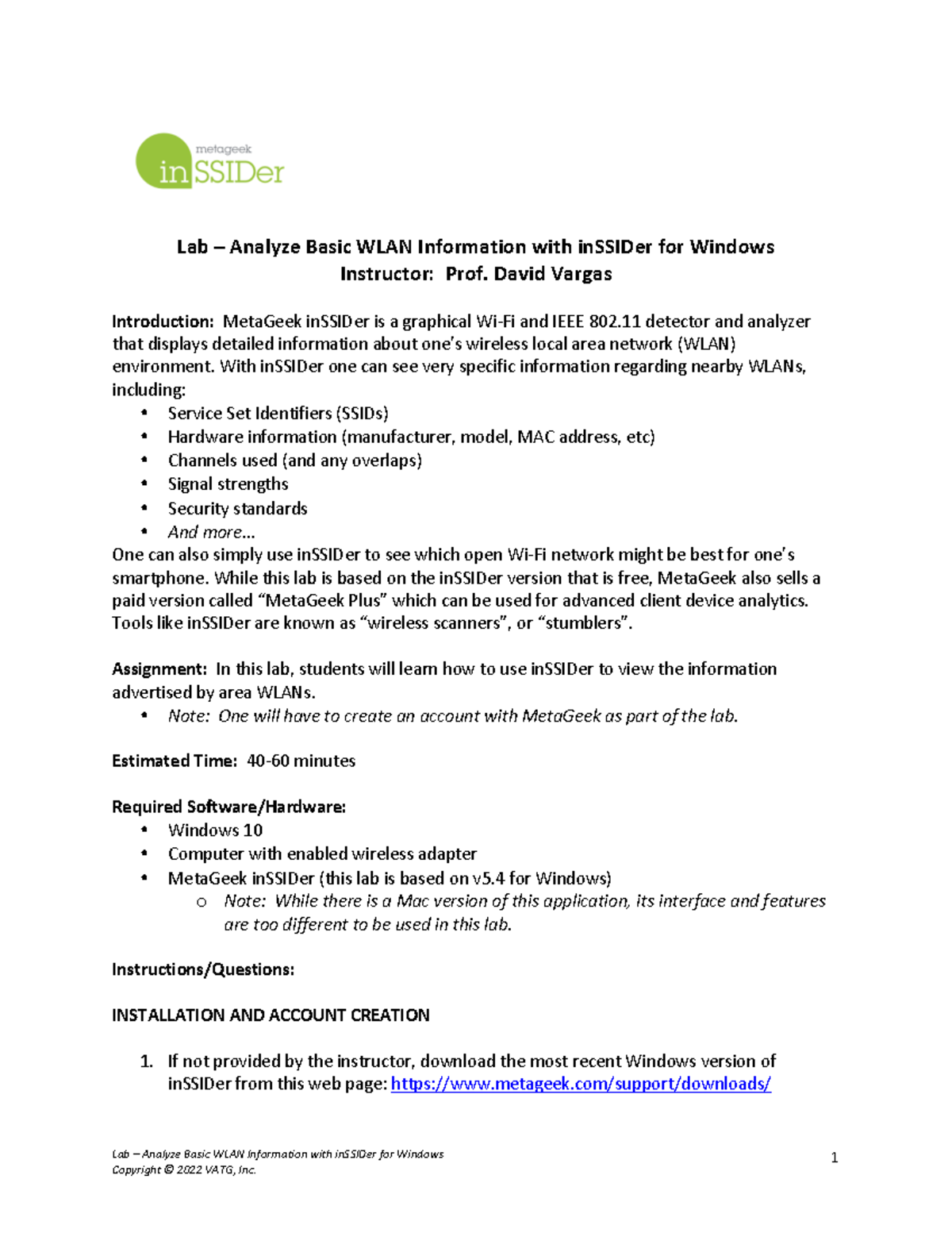 Lab – Analyze Basic WLAN Information with In SSIDer for Windows - David Vargas Introduction ...