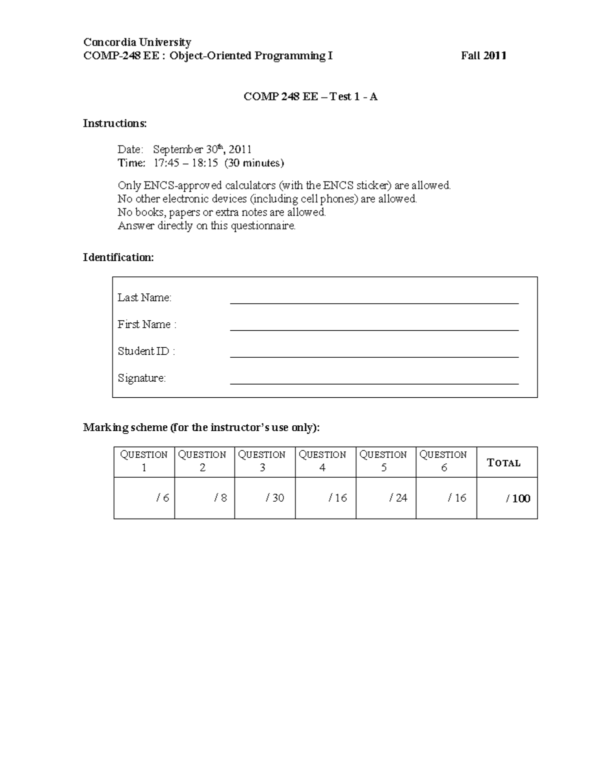 Comp 248 Exam 2011 Concordia University Comp 248 Ee Object Oriented Programming I Fall 2011
