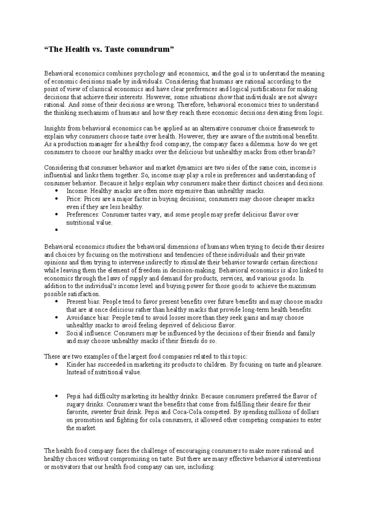 Microeconomics df unit 4 - “The Health vs. Taste conundrum” Behavioral ...