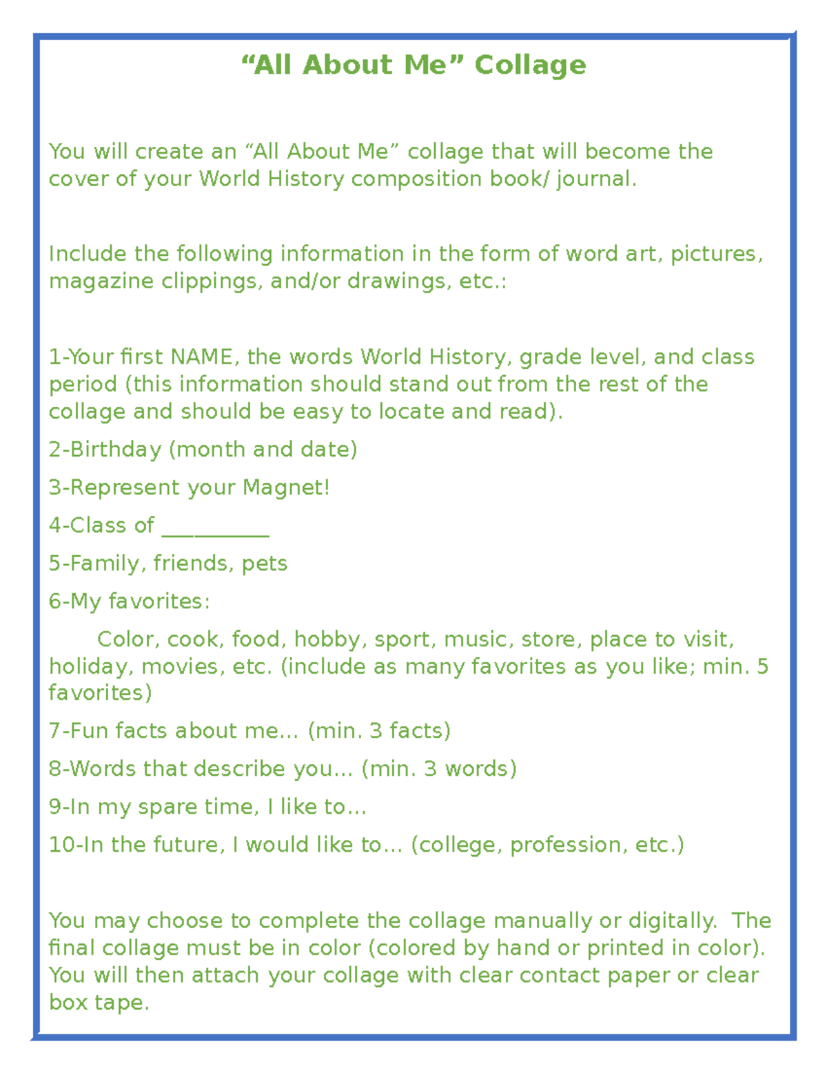 All About Me Collage-Revised - “All About Me” Collage You will create ...