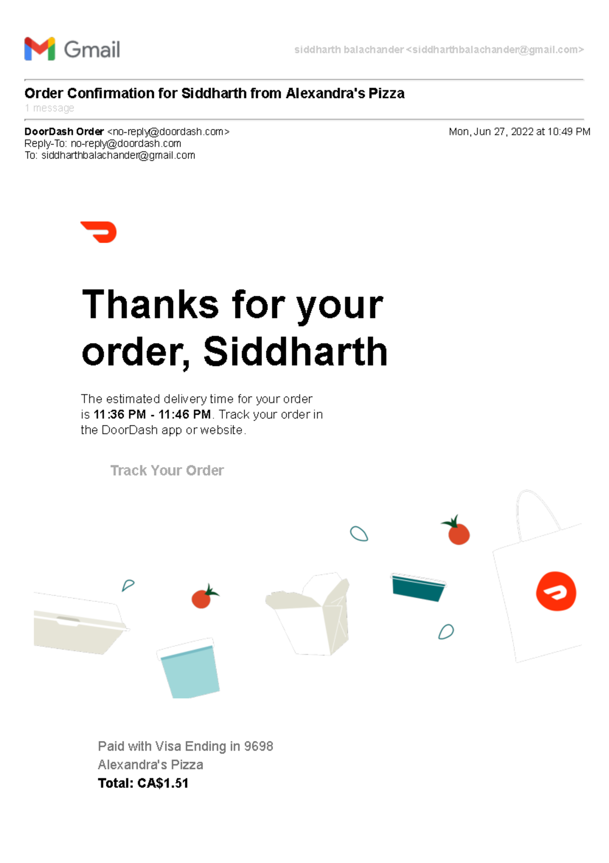 Gmail - Order Confirmation for Siddharth from Alexandra's Pizza - Track ...