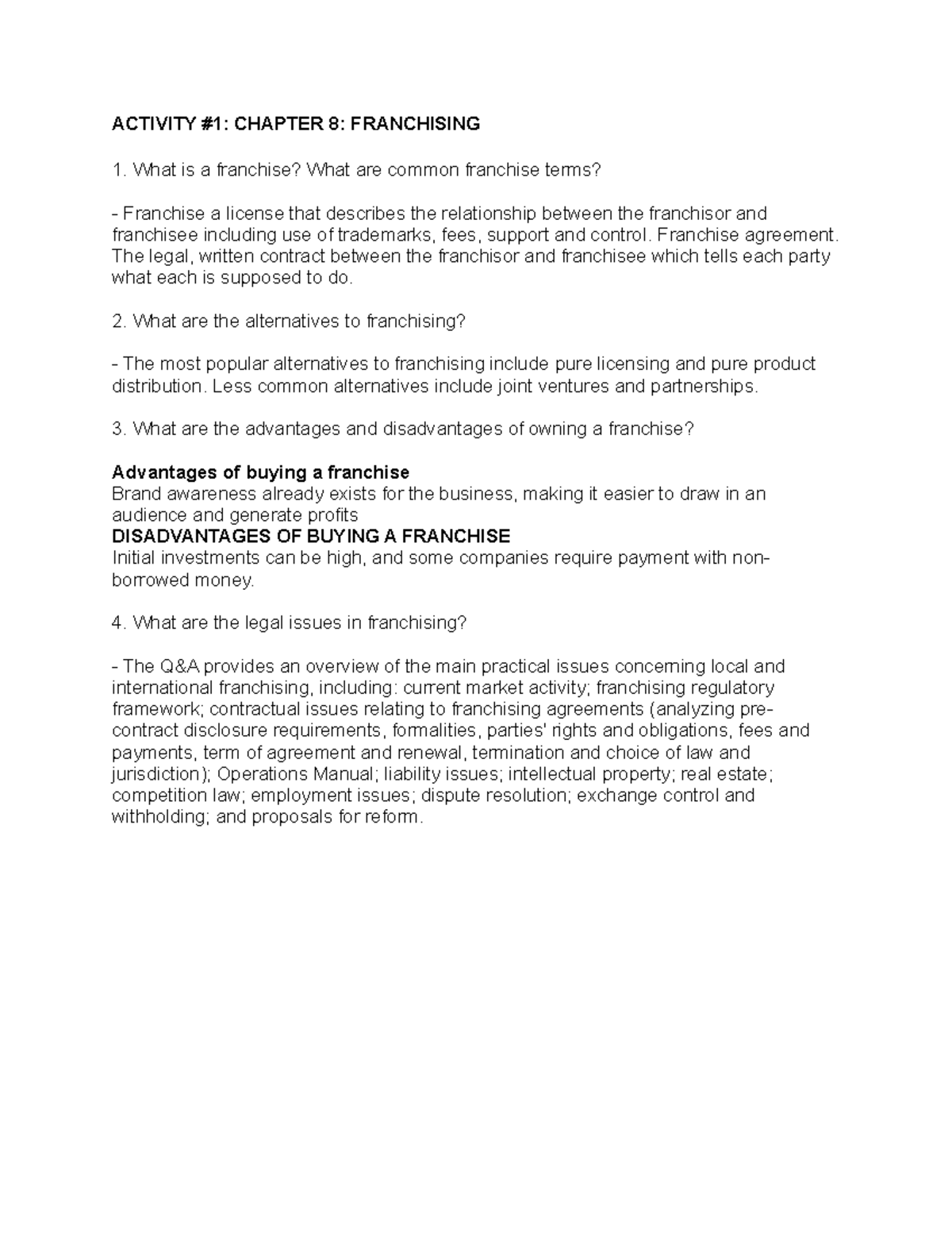 Activi 12 - good - ACTIVITY #1: CHAPTER 8: FRANCHISING What is a ...