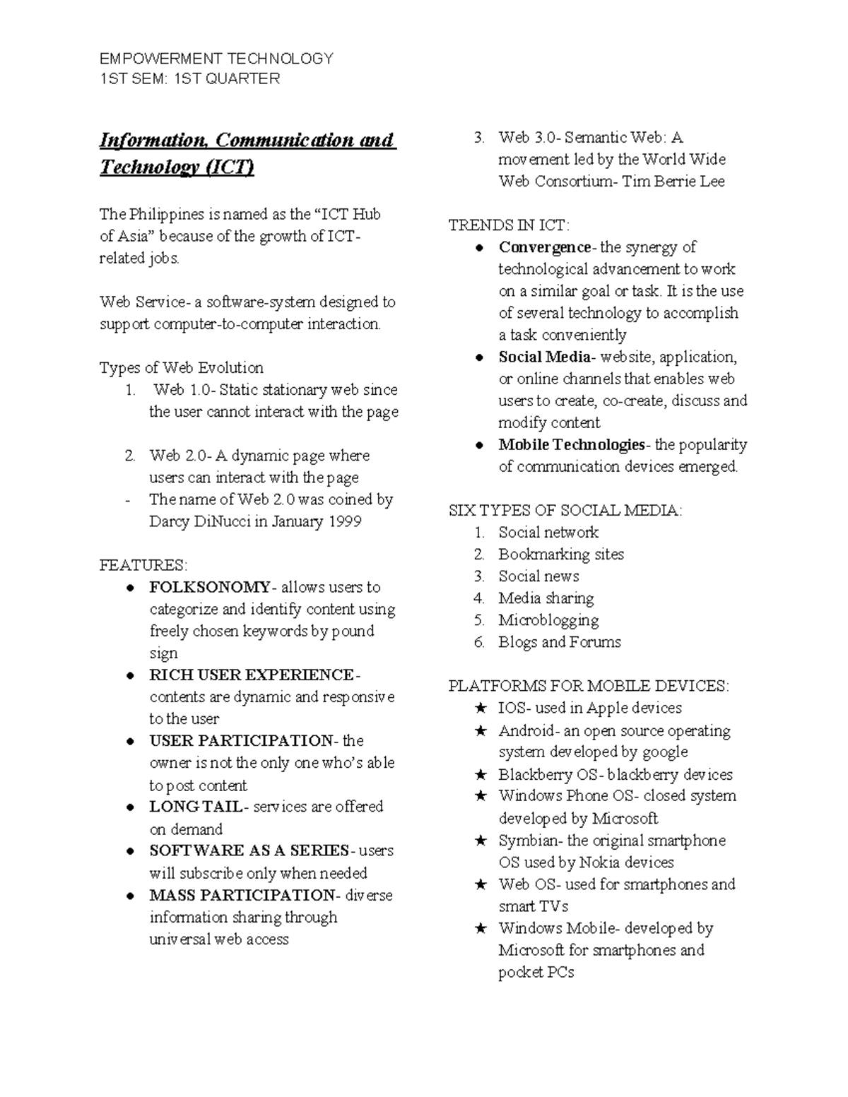 Empowerment Technologies Q1 - 1ST SEM: 1ST QUARTER Information, Communication and Technology ...