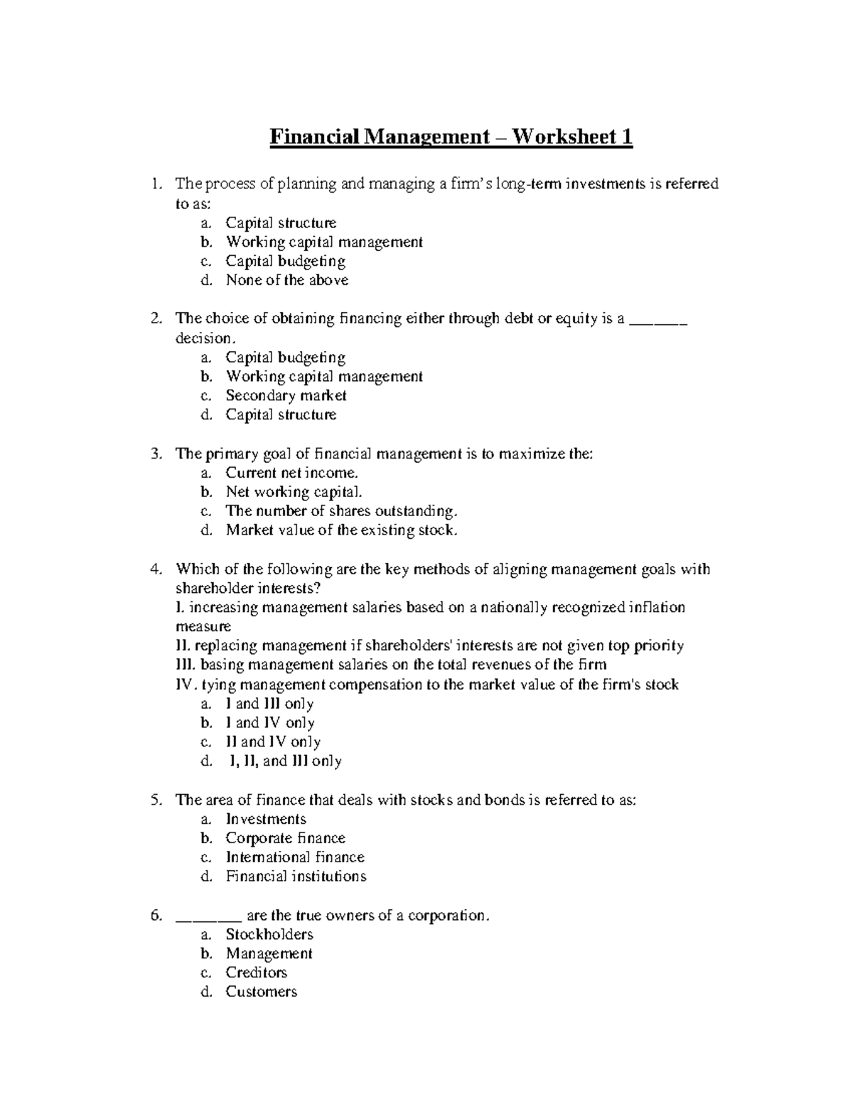 Worksheet 1 DONE - jkugjk - Financial Management – Worksheet 1 The process of planning and ...