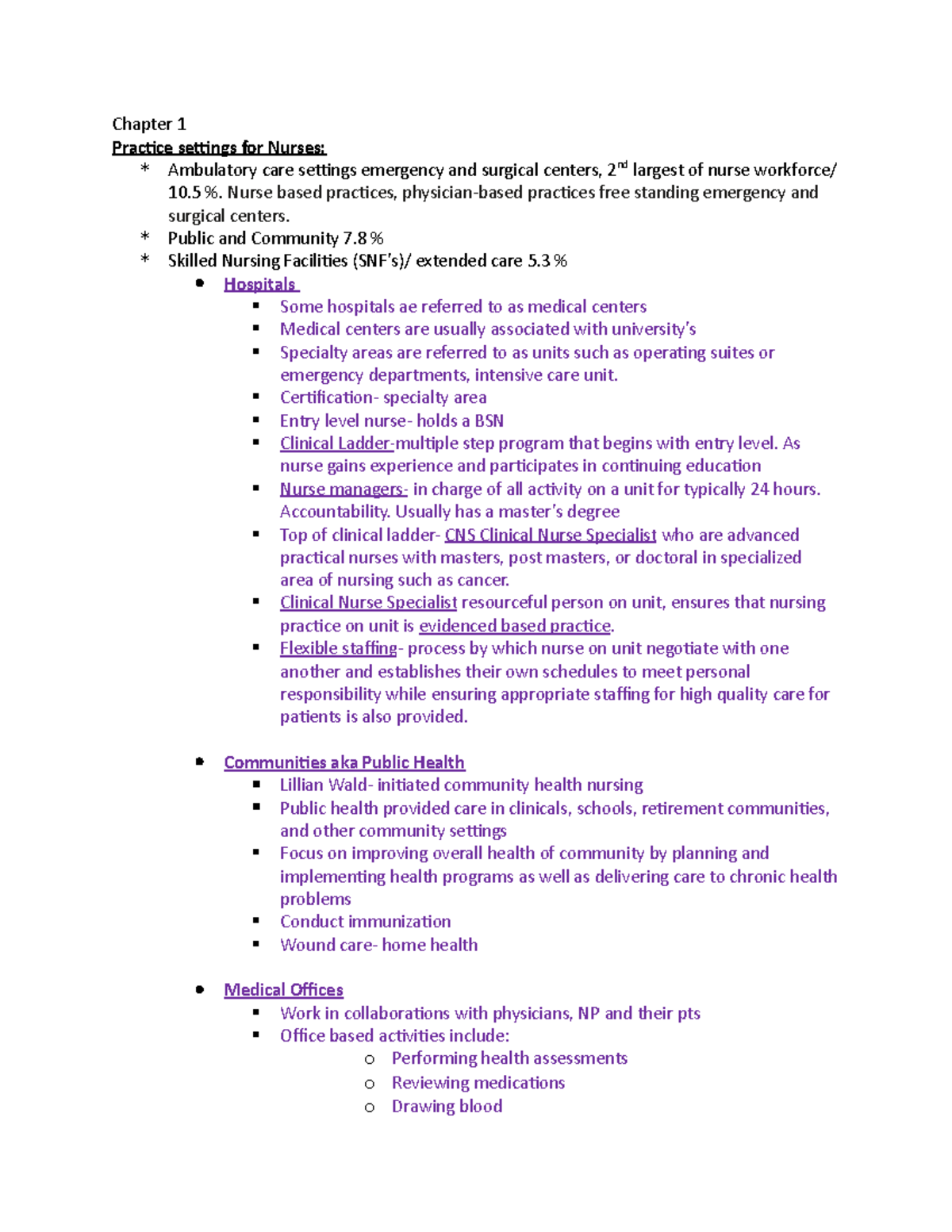 Chapter 1 Outcome - Chapter 1 Practice settings for Nurses ...