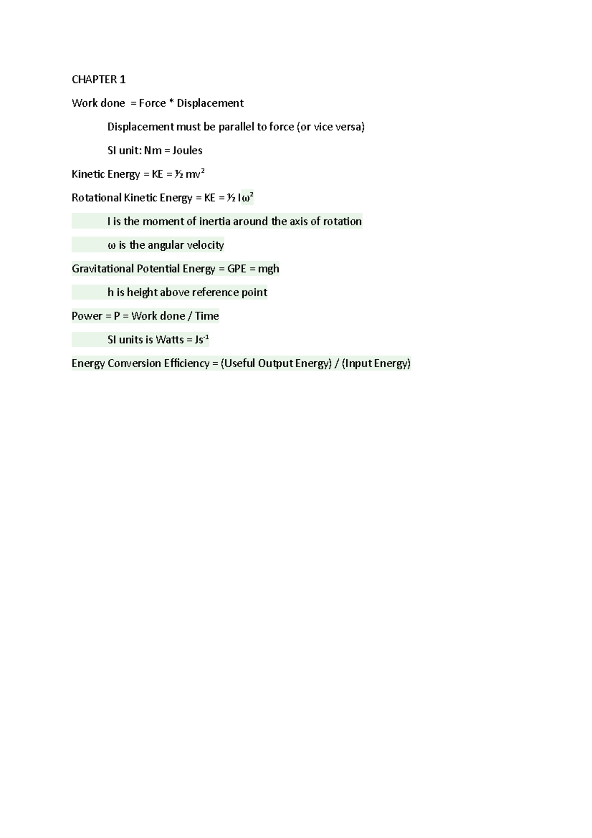 GEH1034 Formulas - CHAPTER 1 Work done = Force * Displacement ...