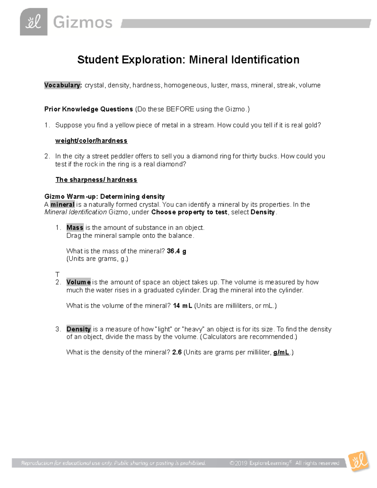 Mineral Identification SE - Student Exploration: Mineral Identification ...