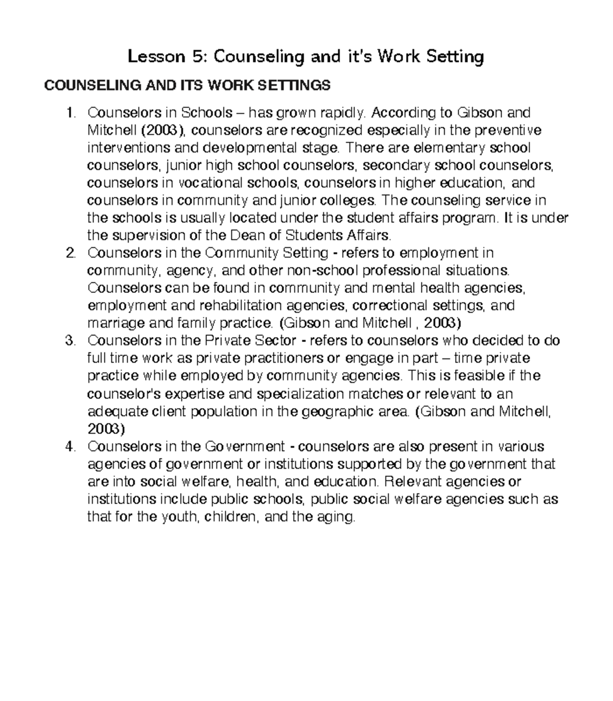 Lesson-5-Lecture - pdf - Lesson 5: Counseling and it’s Work Setting ...