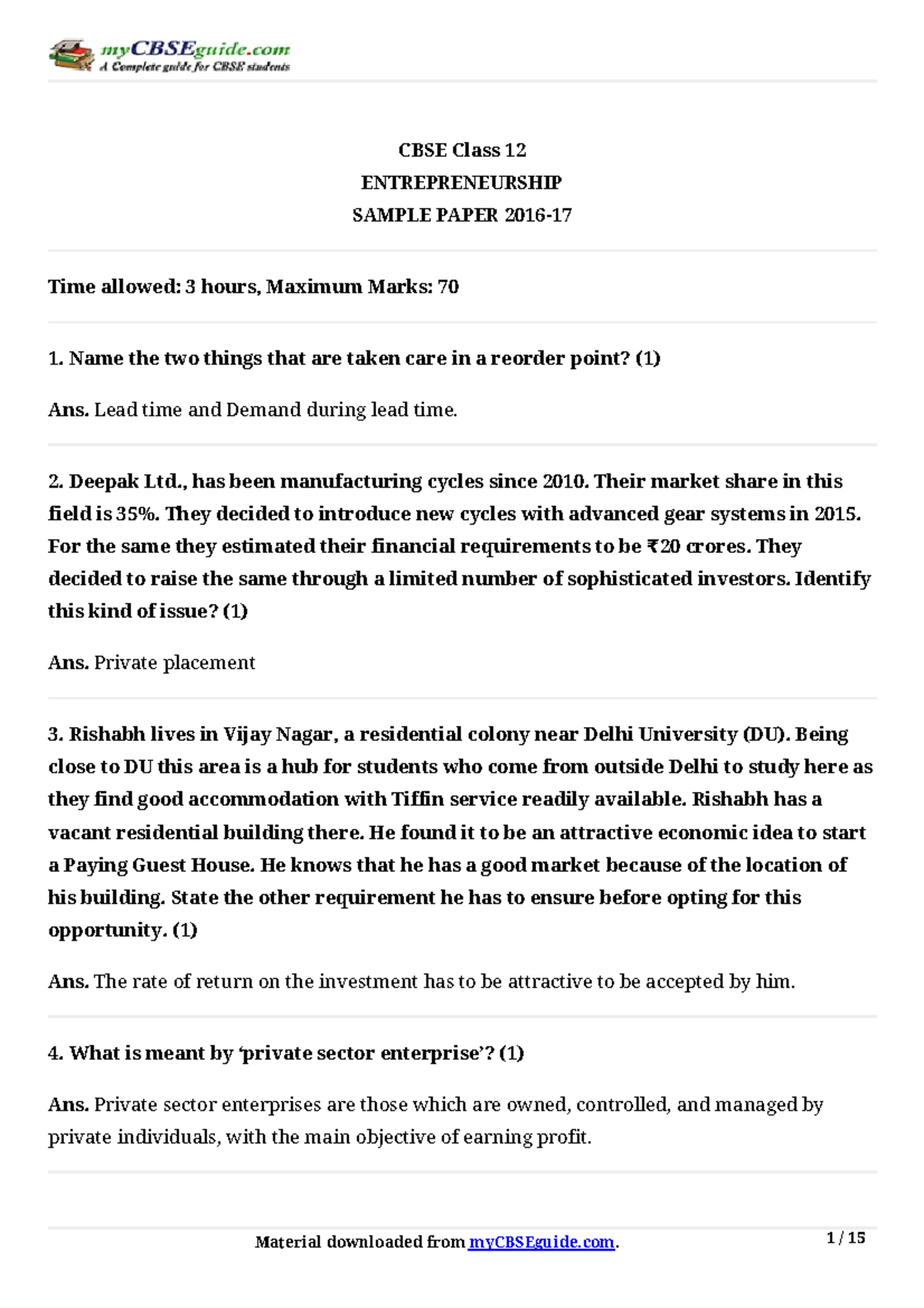 12 entrepreneurship sp 1 - CBSE Class 12 ENTREPRENEURSHIP SAMPLE PAPER ...