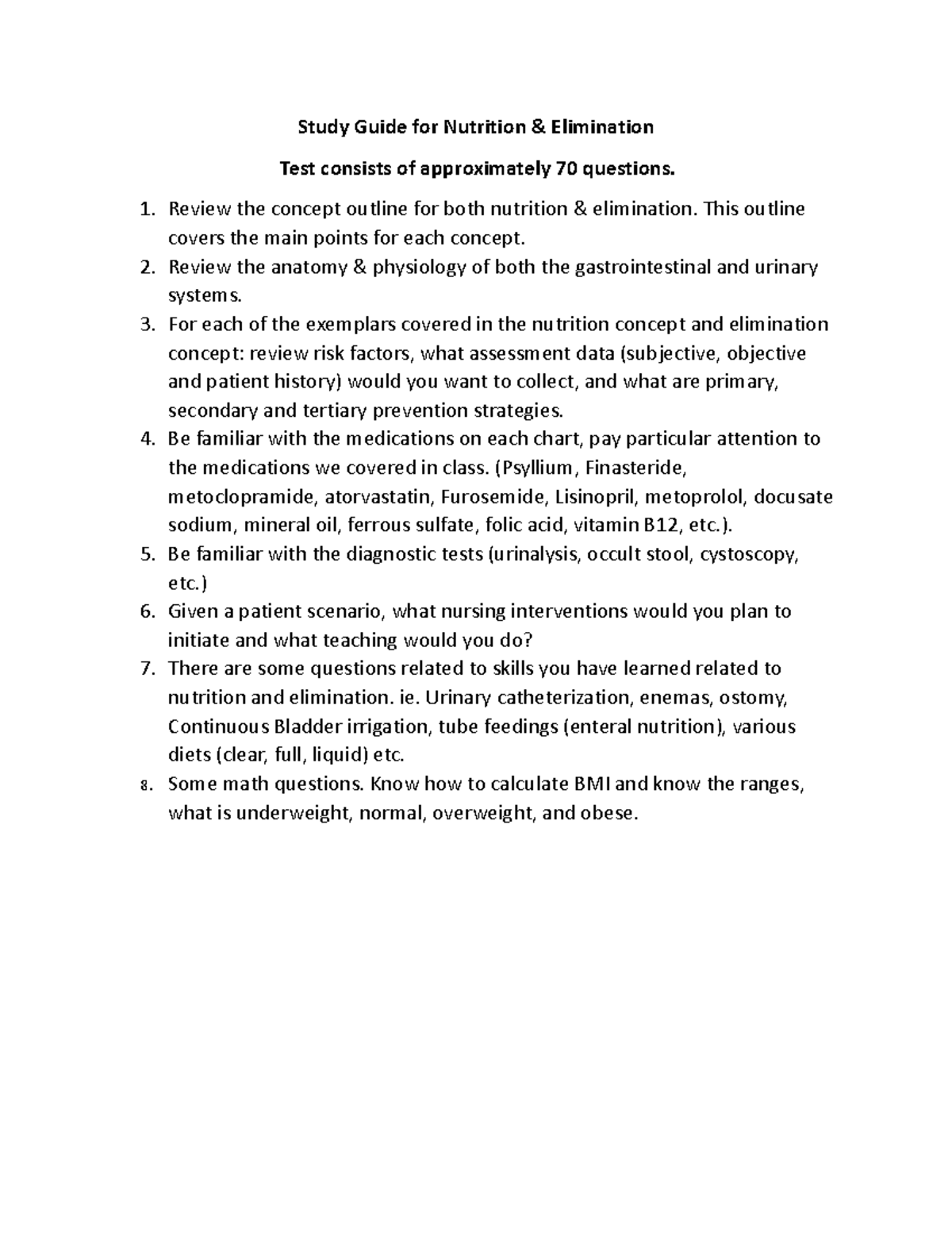 Study Guide for Nutrition and elimination 2023 - Study Guide for ...