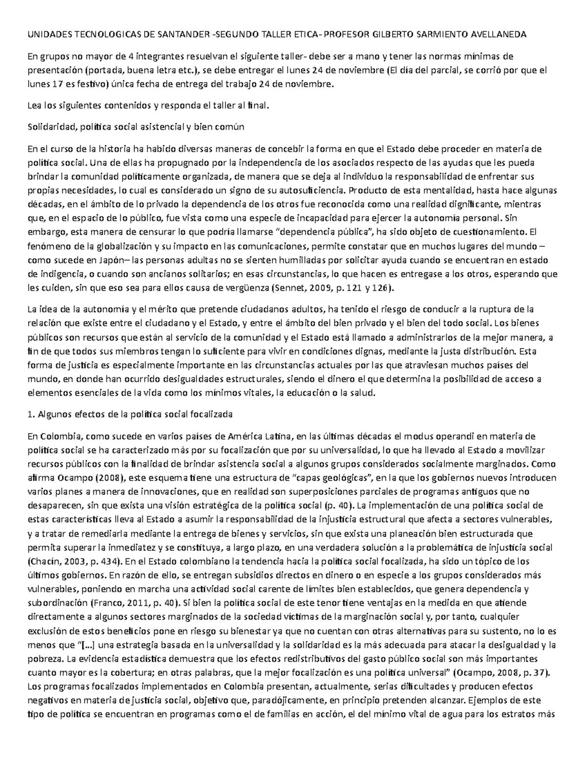 Segundo taller Etica - UNIDADES TECNOLOGICAS DE SANTANDER -SEGUNDO TALLER ETICA- PROFESOR ...