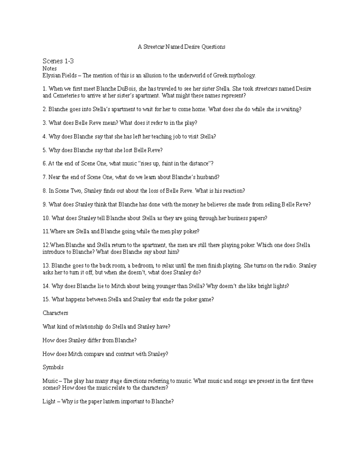 A Streetcar Named Desire Scene Questions - A Streetcar Named Desire ...