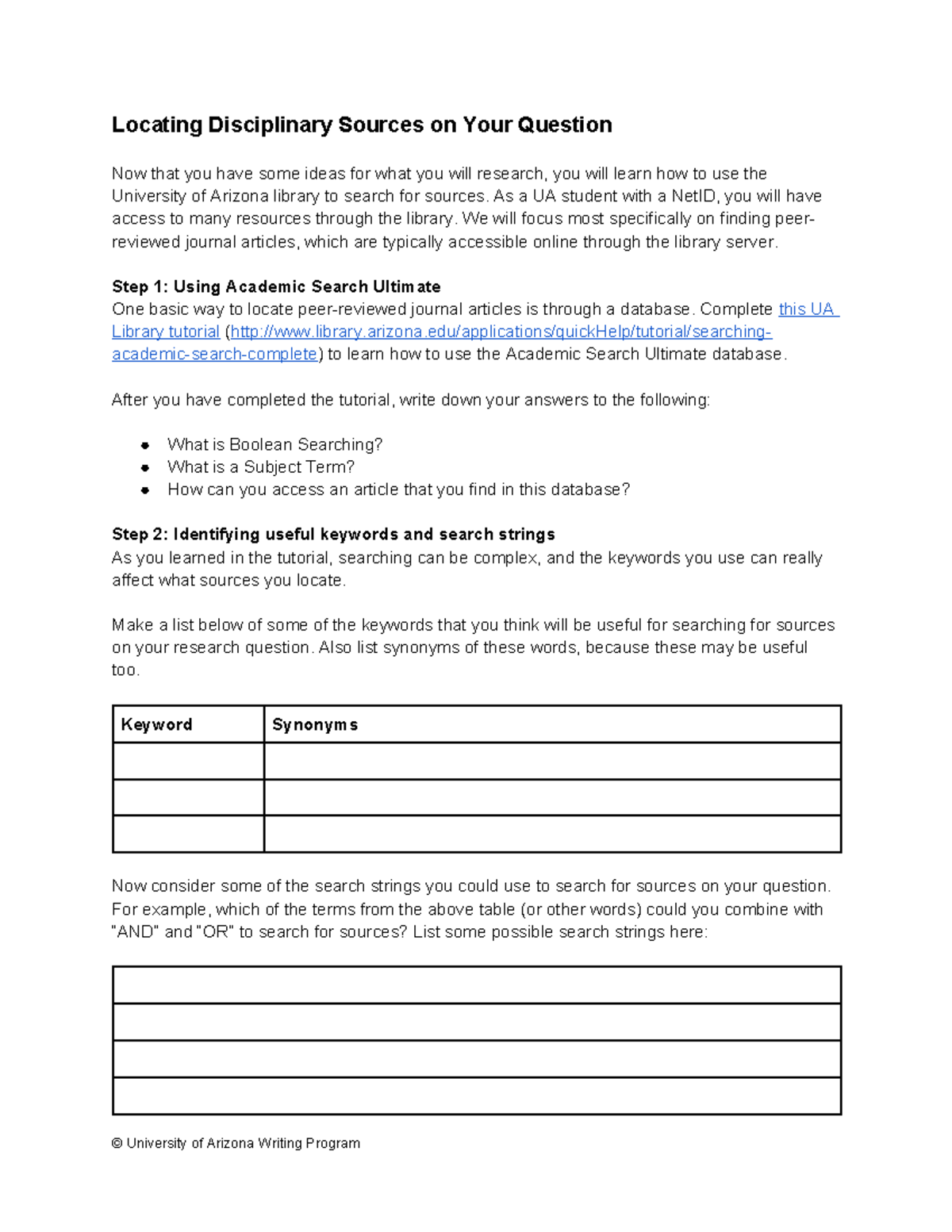 Locating Disciplinary Sources on Your Question - As a UA student with a ...