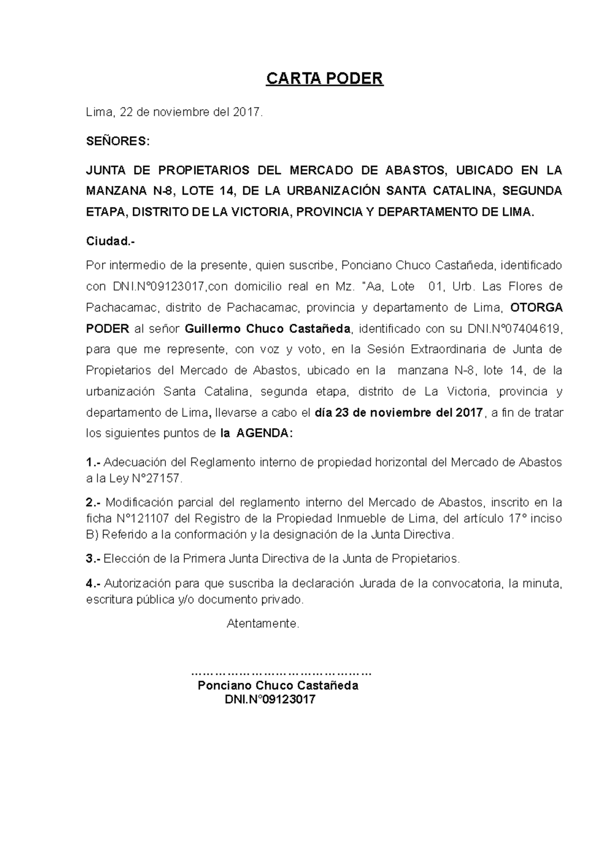 Carta Poder PARA Jaimito - CARTA PODER Lima, 22 de noviembre del 2017 ...