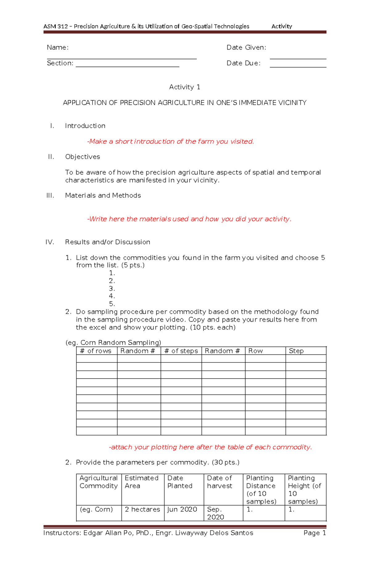 Activity 1 Template a - Assignment 1 - ASM 312 – Precision Agriculture & its Utilization of ...