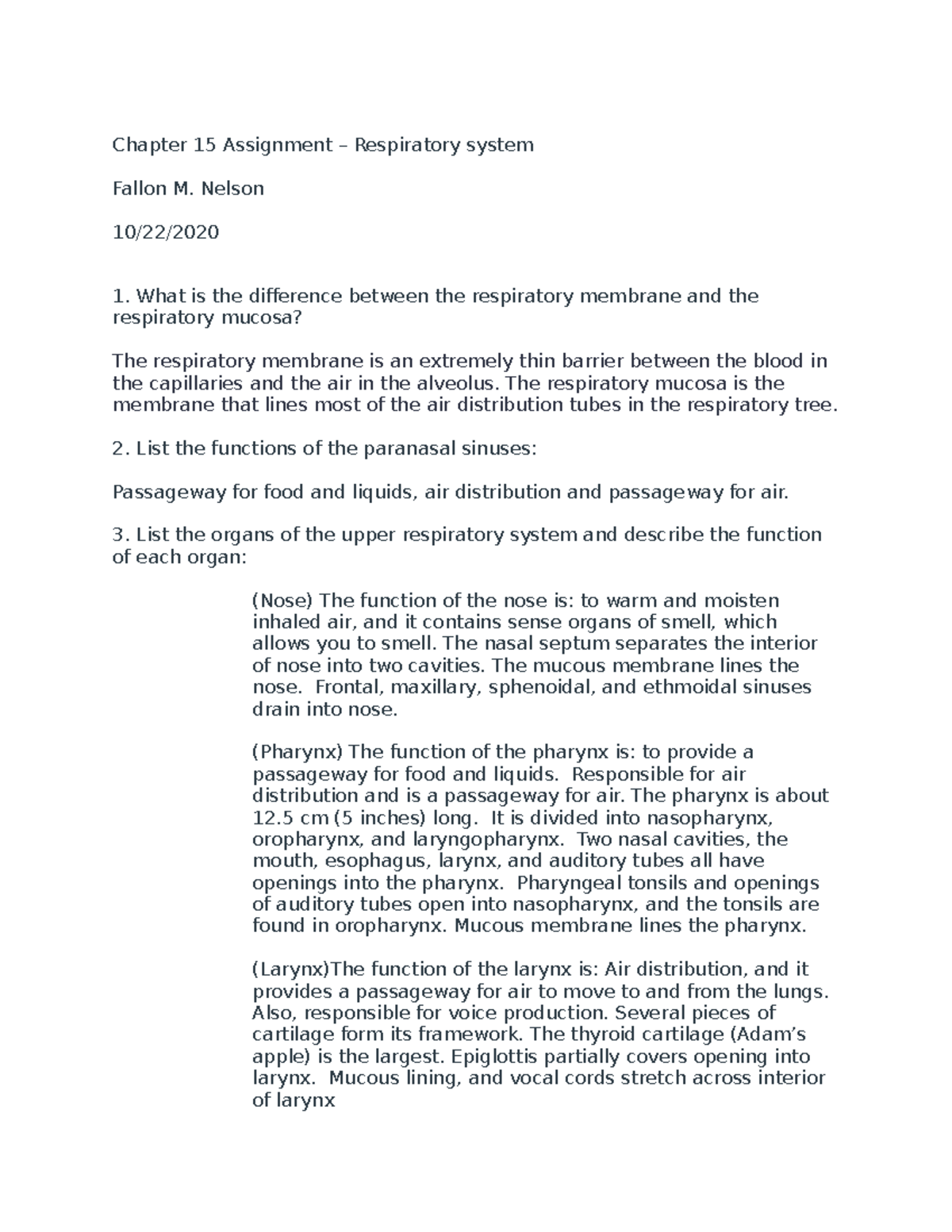 Chapter 15 Assignment – Respiratory system - Chapter 15 Assignment ...