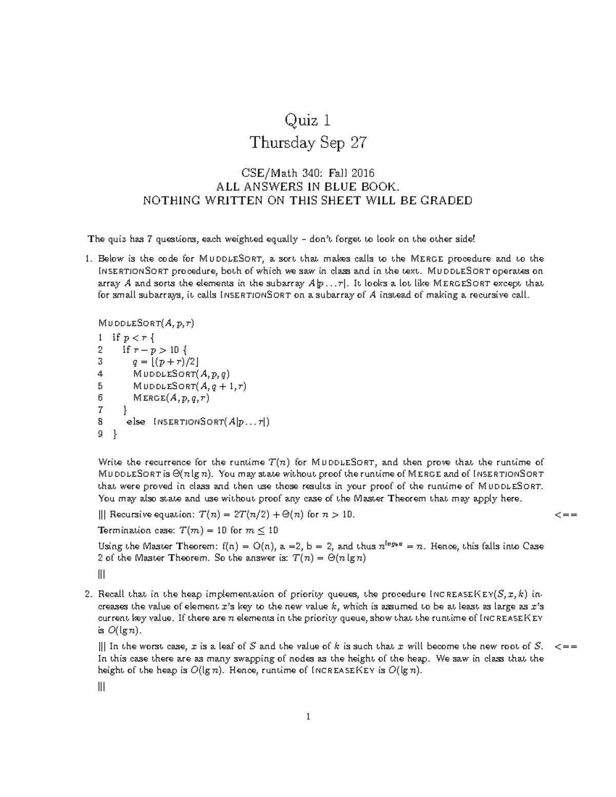 CSE340Exam1 - Quiz 1 Thursday Sep 27 CSE/Math 340: Fall 2016 ALL ...