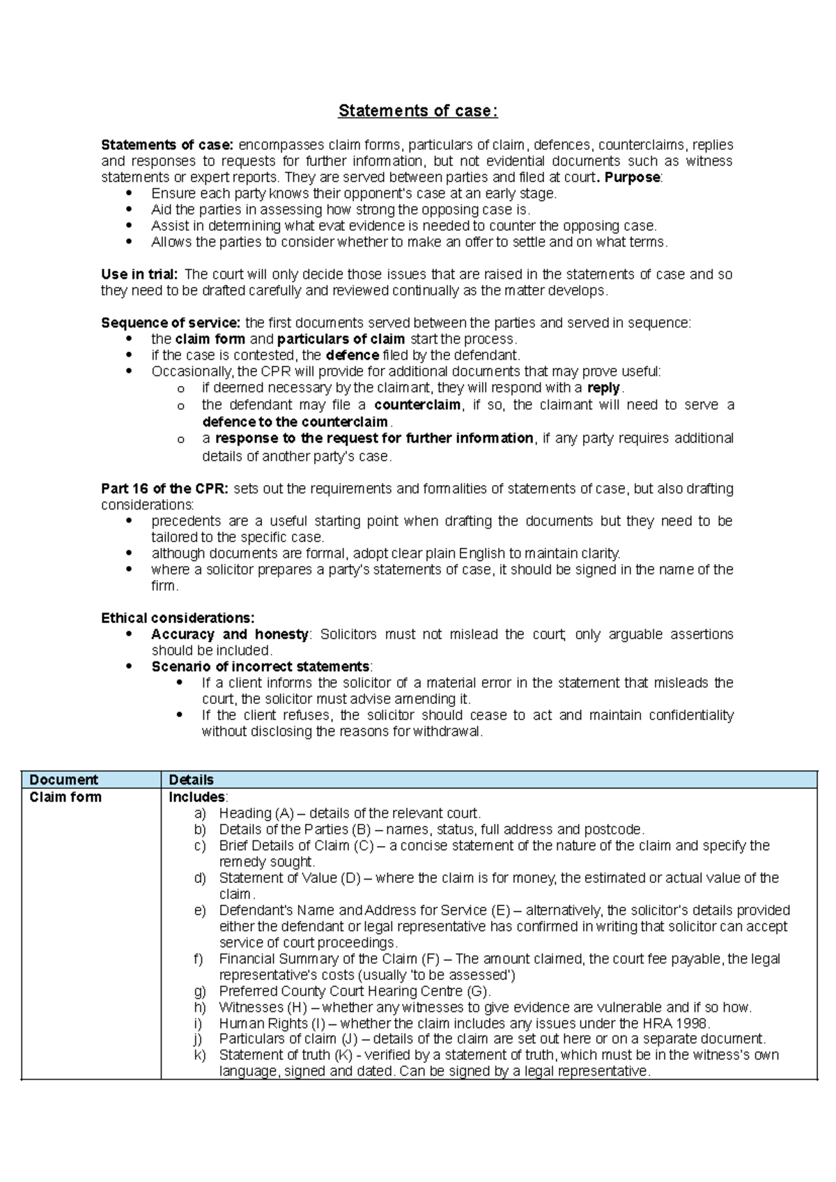 1. Prepare notes - Statements of case: Statements of case: encompasses ...
