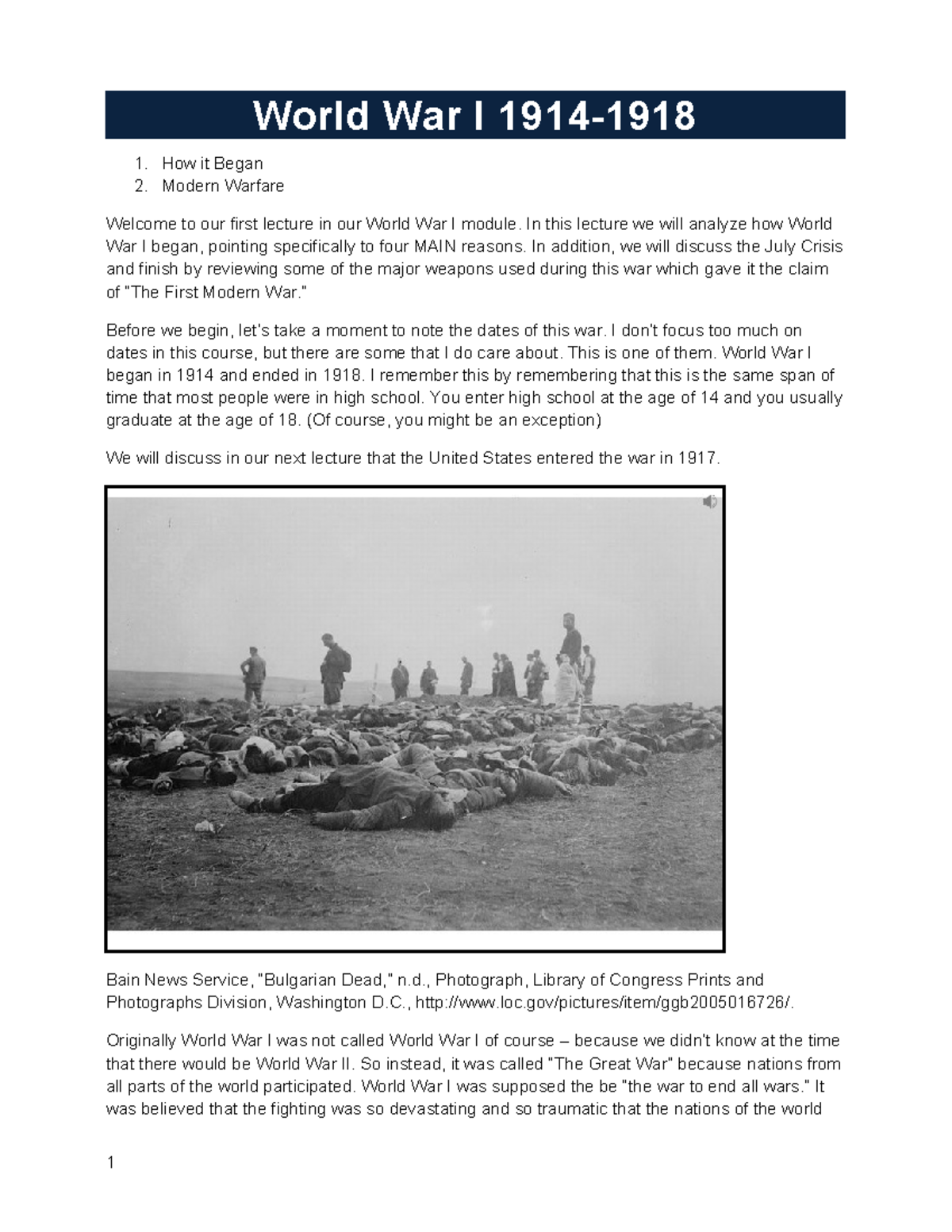 World War I - How it Began Lecture Transcript - World War I 1914- How ...