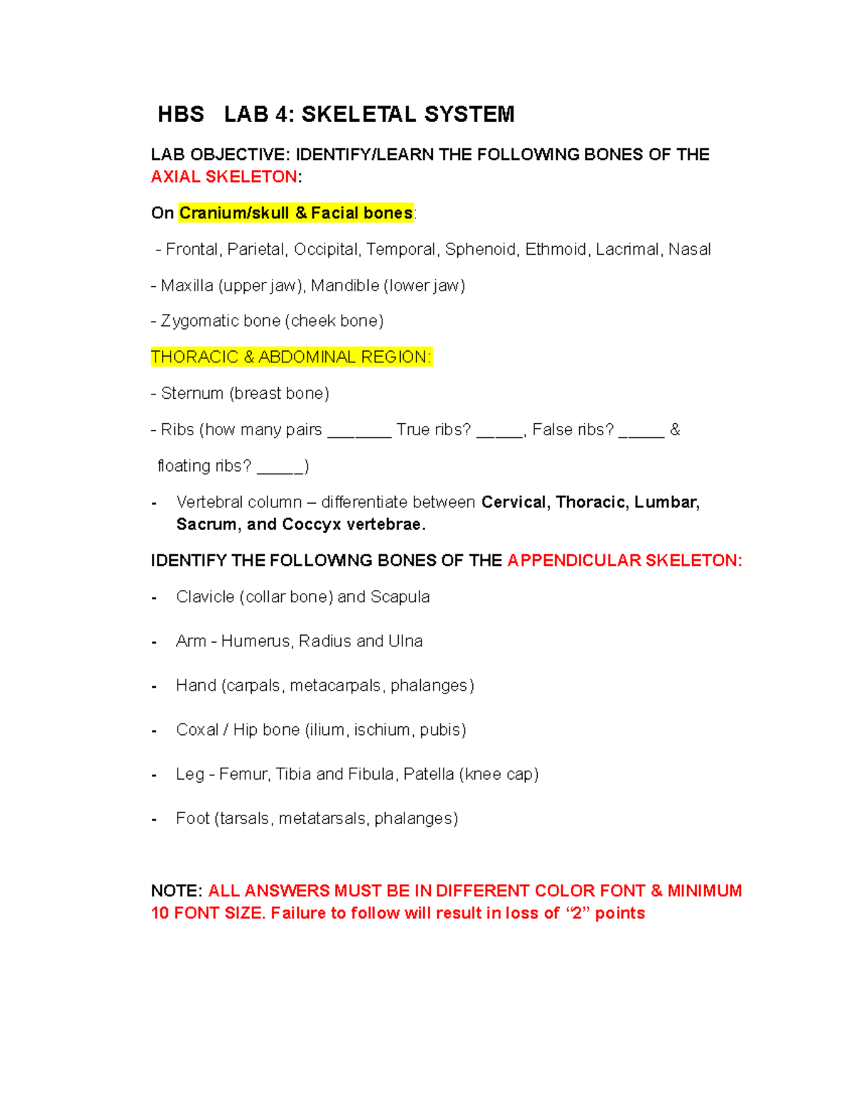 Lab 4 - Skeletal system - HBS LAB 4: SKELETAL SYSTEM LAB OBJECTIVE ...
