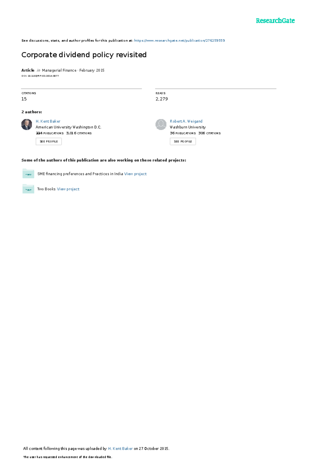 Kent Baker Dividend Policy Revisited - See discussions, stats, and ...