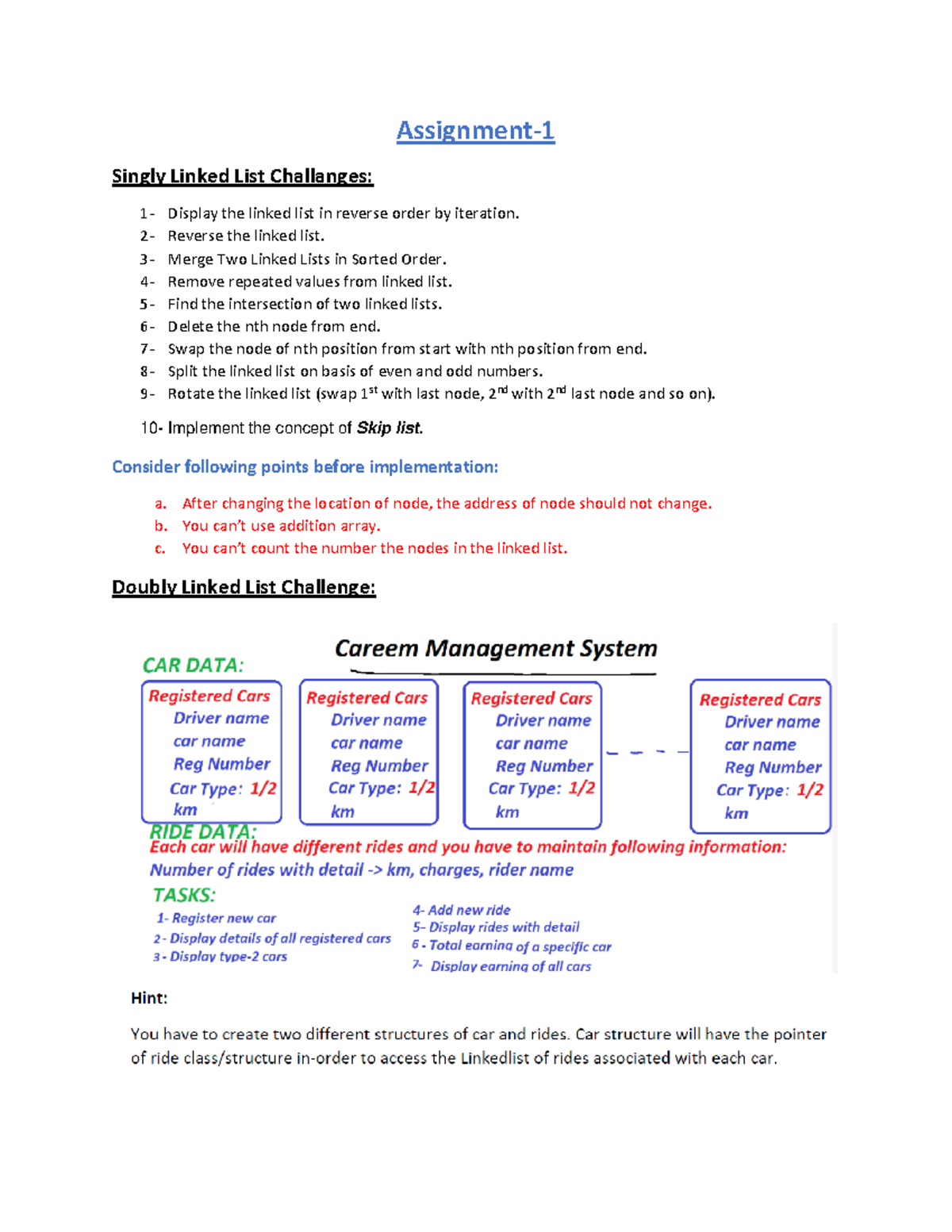 Careem Assinment - it is dsa practce assignment - Assignment- 1 Singly Linked List Challanges: 1 ...