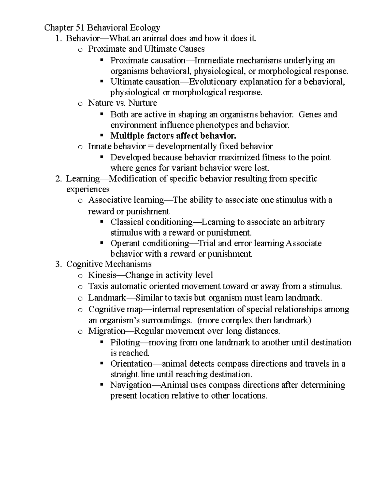Behavioral Ecology Notes - Chapter 51 Behavioral Ecology 1. Behavior ...