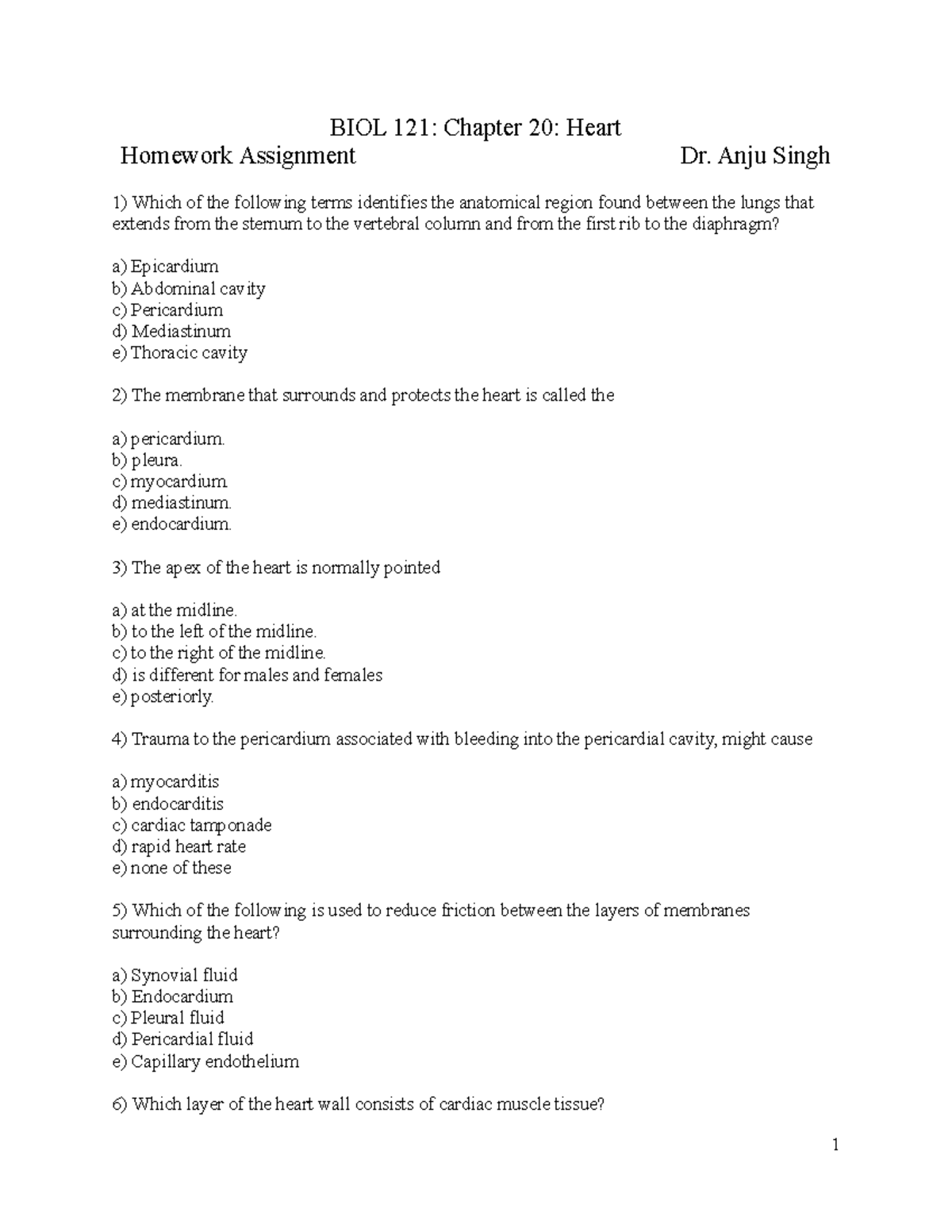 heart homework questions - BIOL 121: Chapter 20: Heart Homework ...