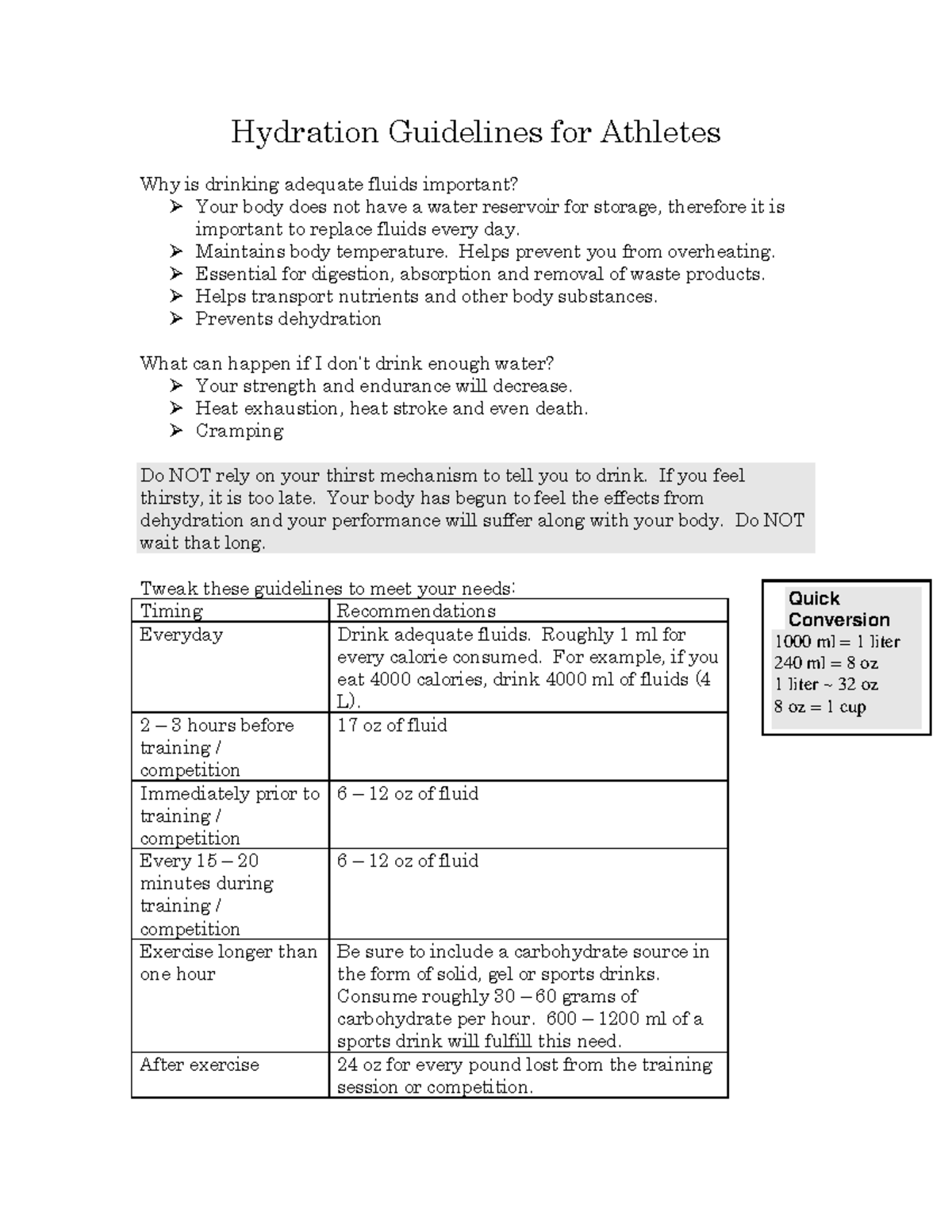 Hydration Guideline for Athlete - ¾ Maintains body temperature. Helps ...