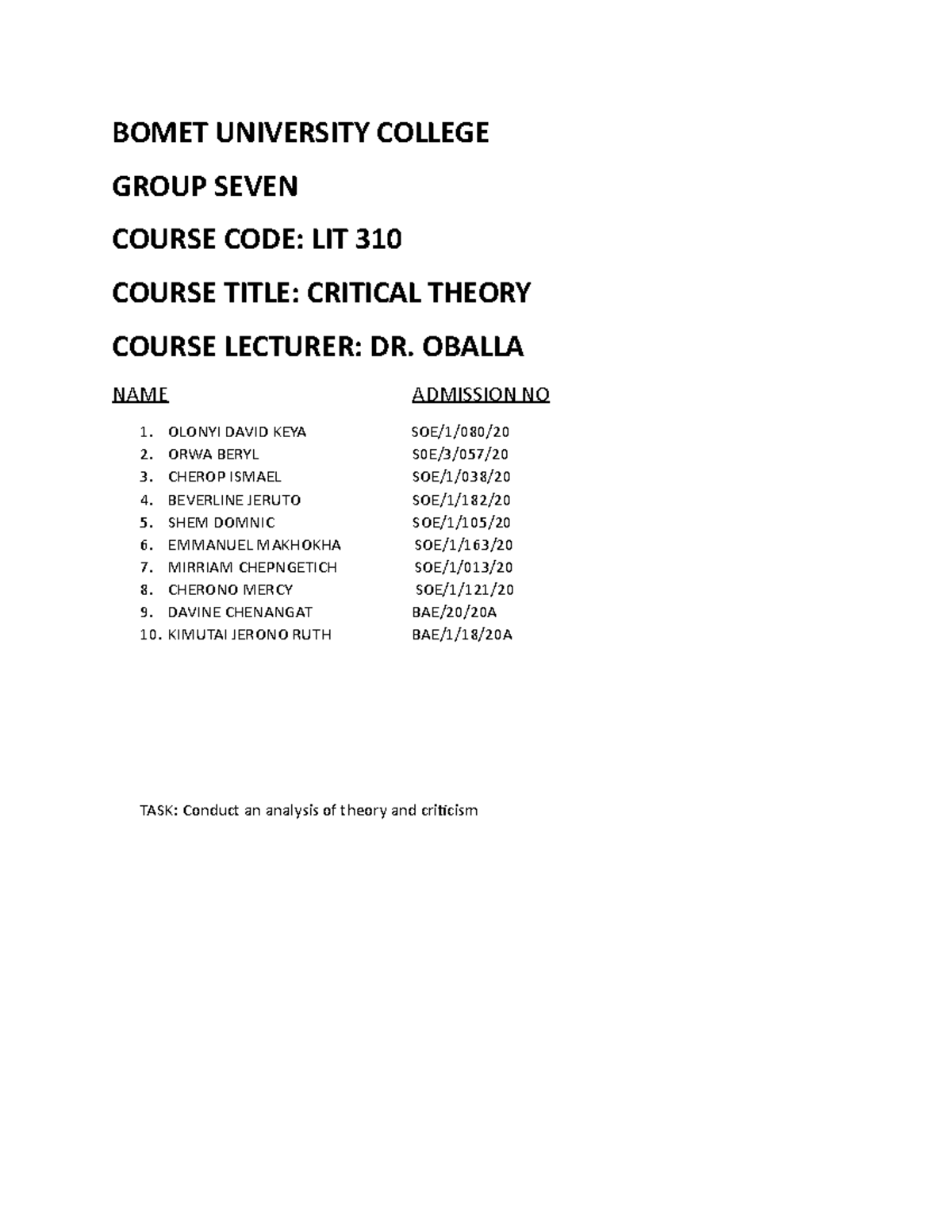 Critical theory - English - BOMET UNIVERSITY COLLEGE GROUP SEVEN COURSE ...